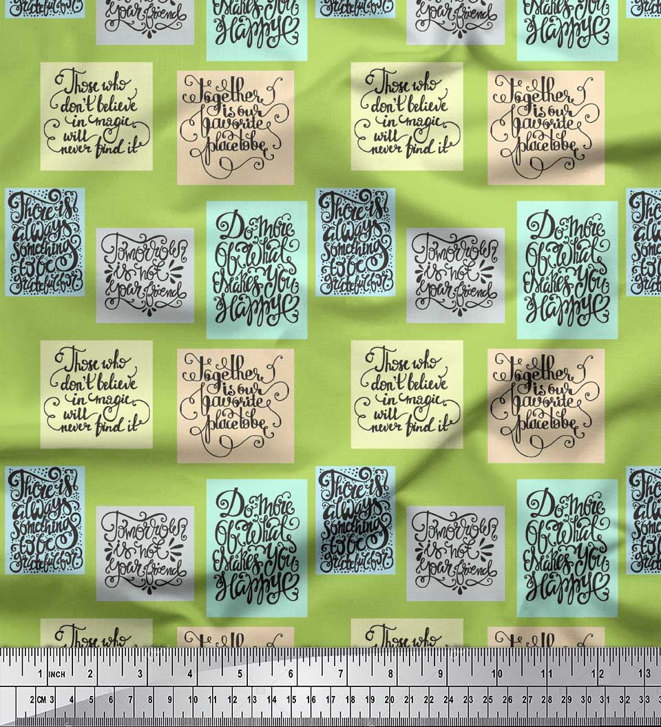 Soimoi Green Velvet Fabric Motivational Quotes Text Print Fabric by the ...