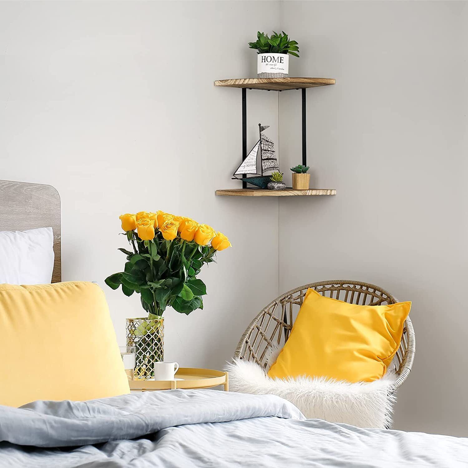 2-Tier Corner Shelf Wall Mount Floating Shelves for Bedroom Living Room ...