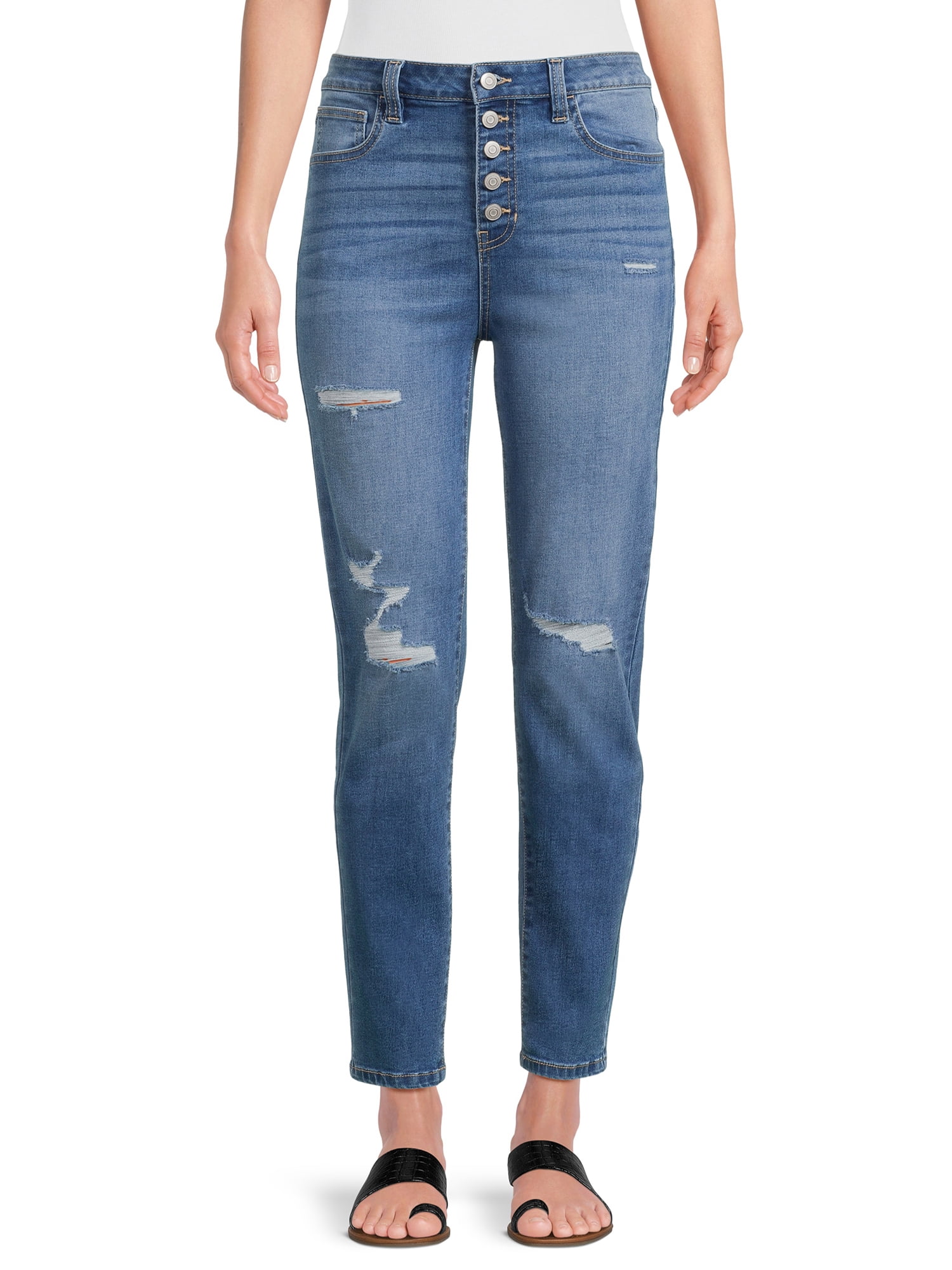 No Boundaries Juniors Button Fly Destructed Skinny Jeans - Walmart.com