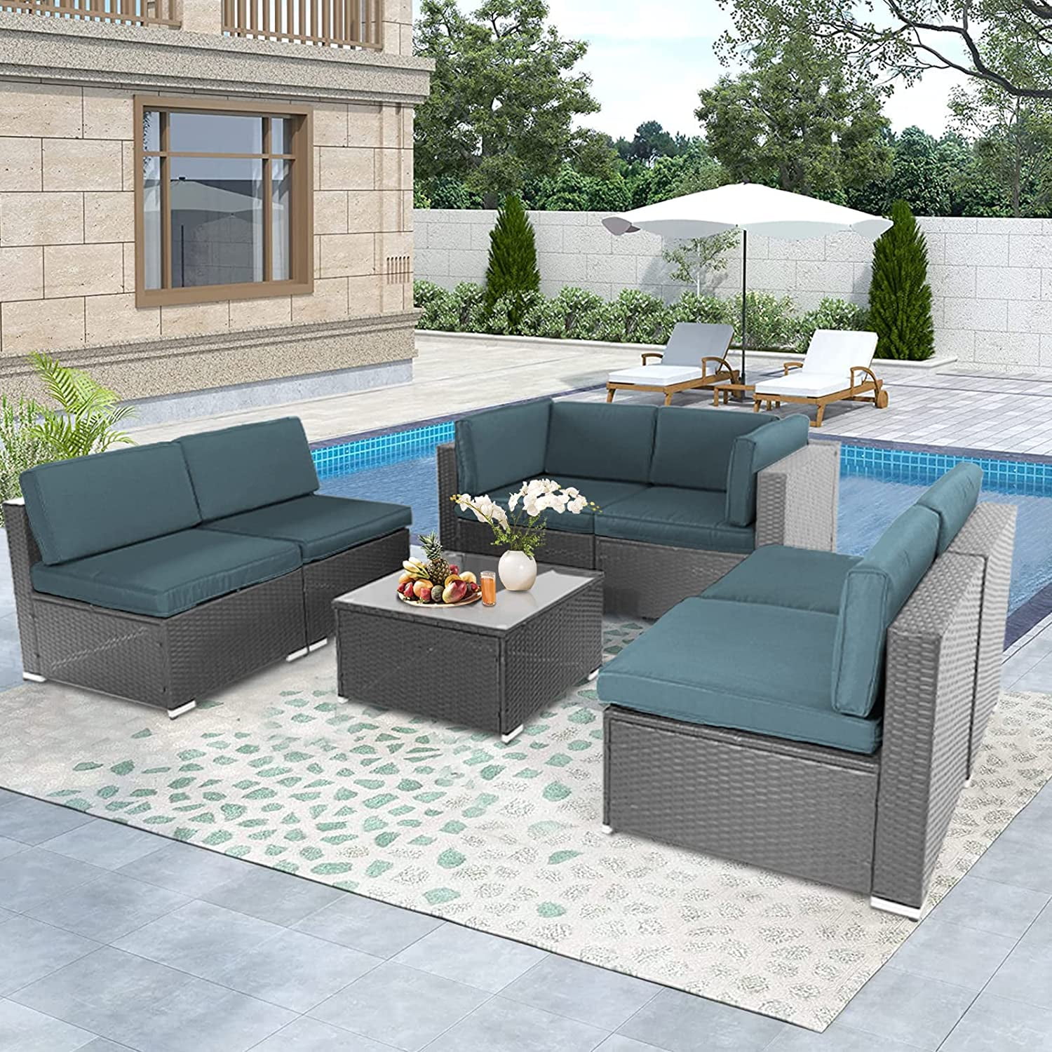 SOLAURA 7-Piece Patio furniture Outdoor Wicker Sectionals Light Blue ...