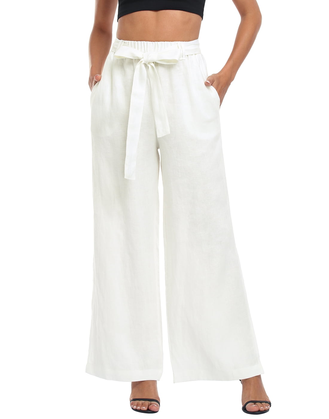 HDE Women's Wide Leg Linen Palazzo Pants with Pockets White - M ...