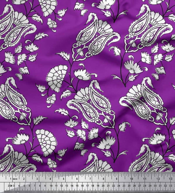 Soimoi Japan Crepe Satin Fabric Leaves,Floral & Paisley Block Print ...