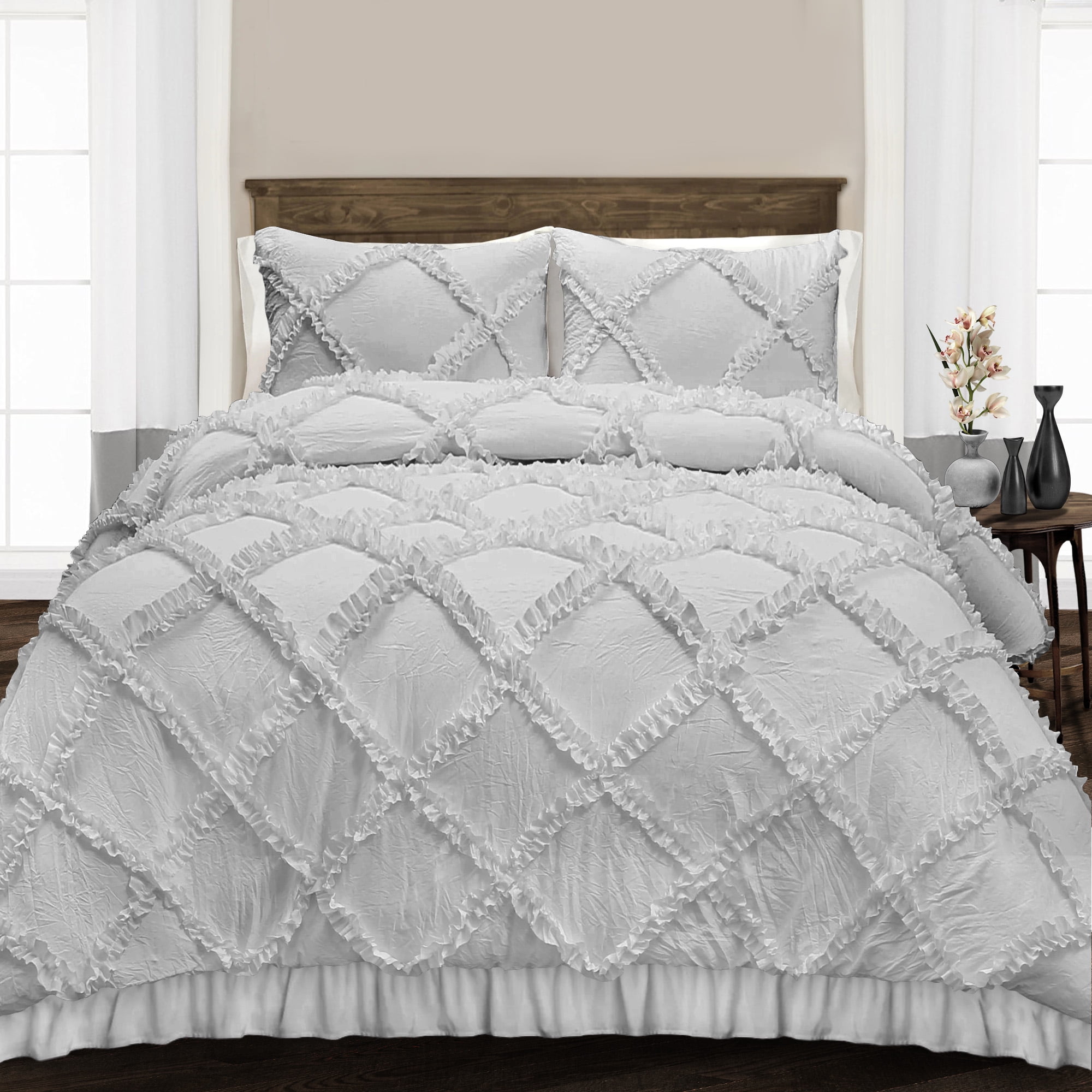 Super King Plus Comforter Diamond Ruffle Light Grey Luxurious ...