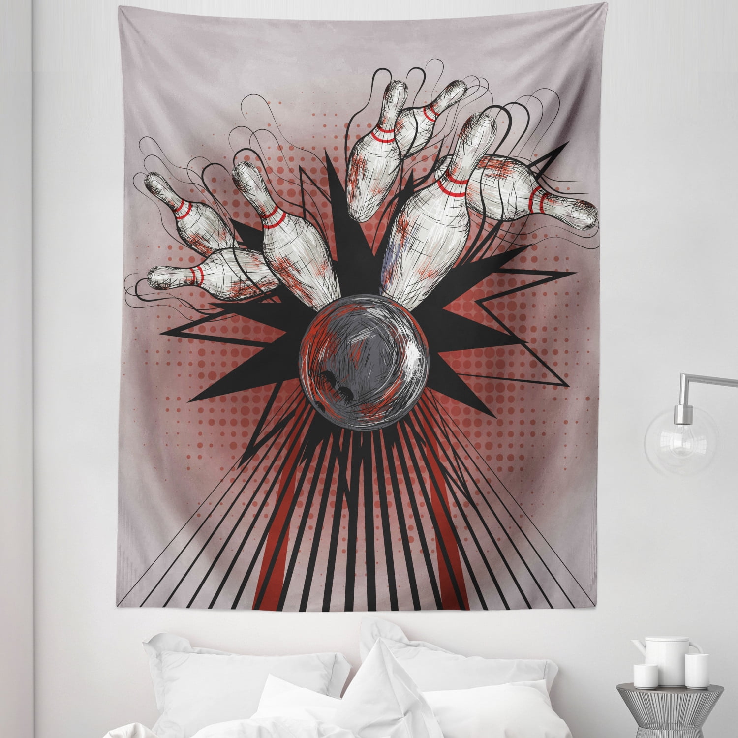 Bowling Party Tapestry, Bowling Ball Crashing into Pins Retro Blast ...