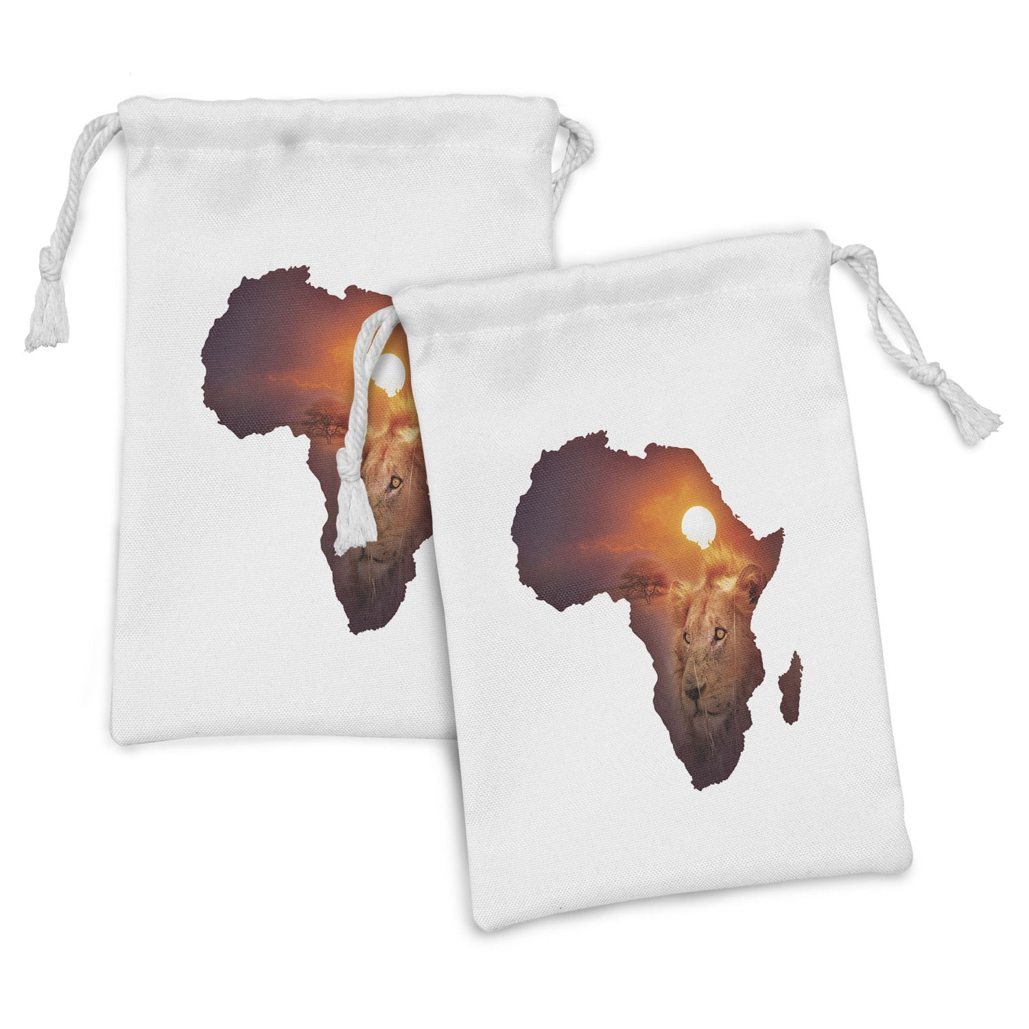 Safari Fabric Pouch Set of 2, African Art Wildlife Lion Sunset ...