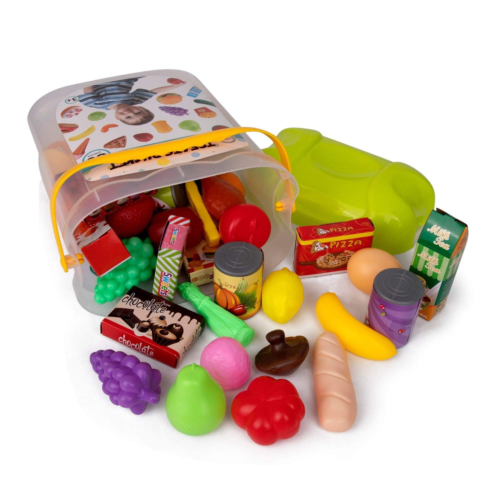 Playkidz 60 Pieces Pretend Play Food Set - Treat Bucket w Storage Bin ...