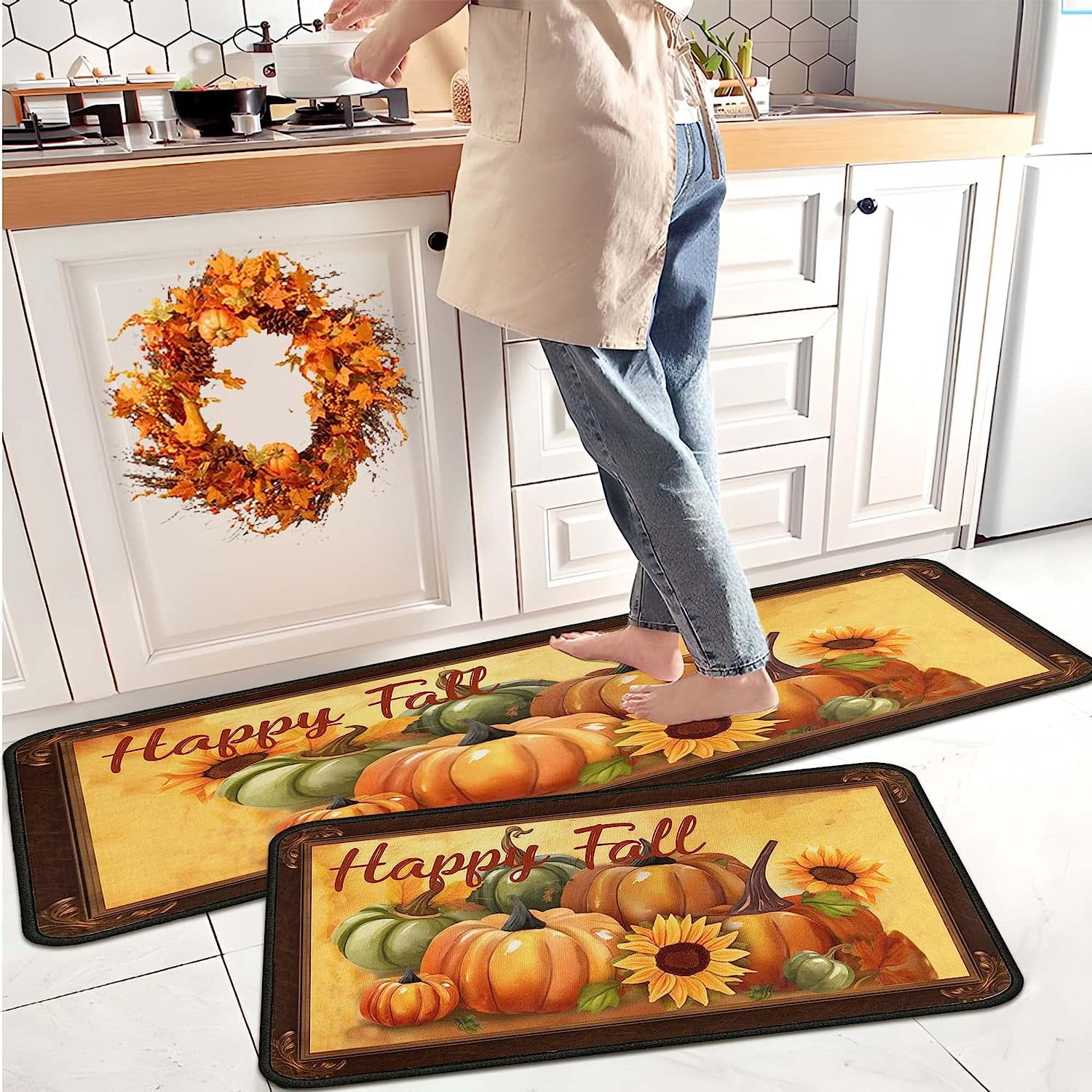 Happy Fall Pumpkin Decorative Kitchen Rugs Set of 2,Non Skid Washable ...