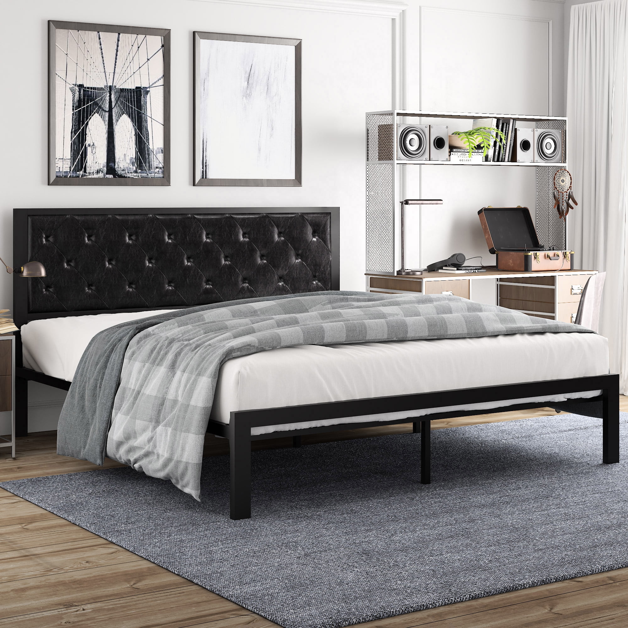 Amolife King Size Metal Bed Frame with Faux Leather Upholstered ...