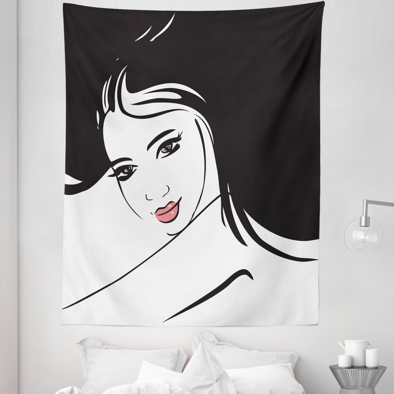 Women Tapestry, Fashion Female with Make Up Hand Drawn Wavy Hair Style ...
