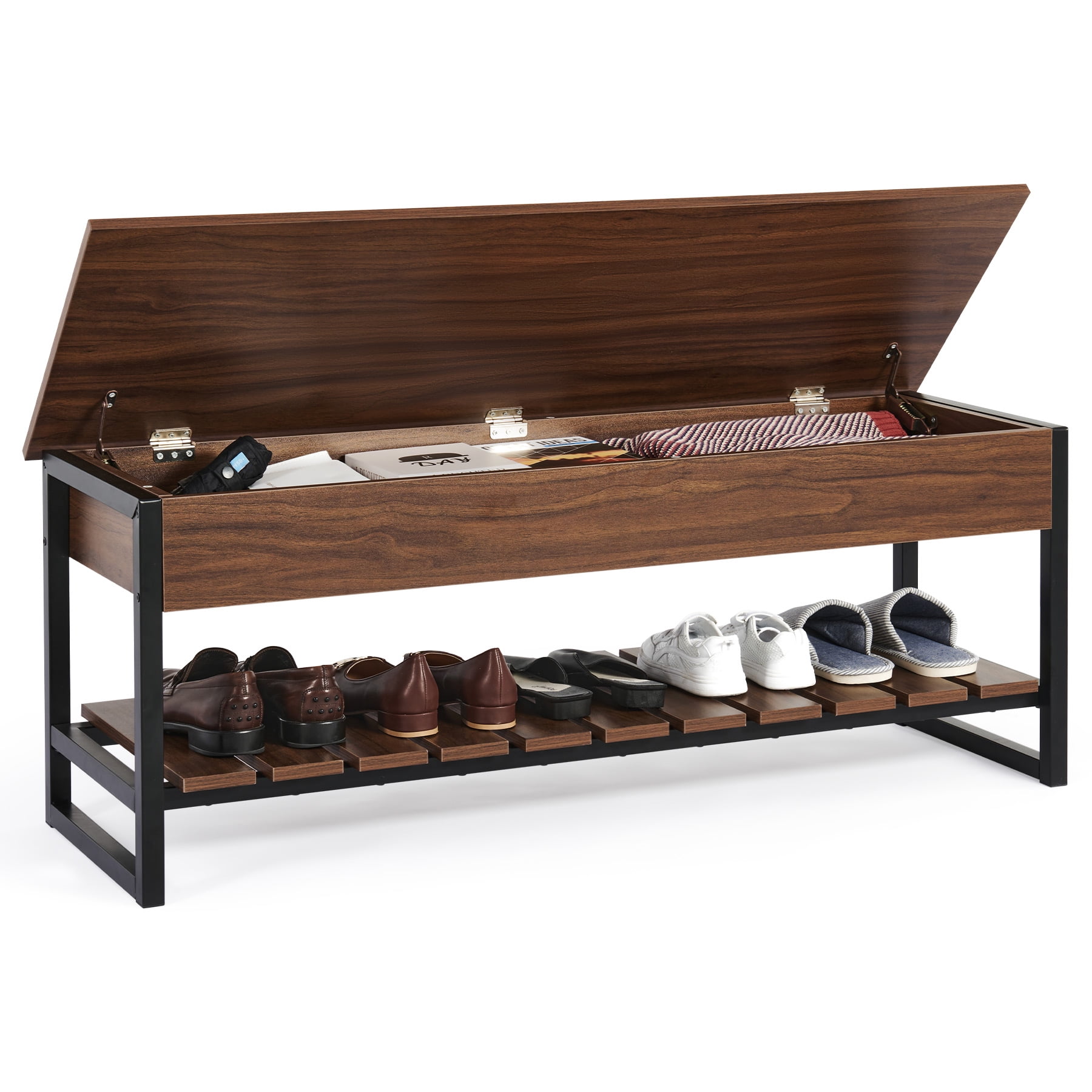 Rustic Shoe Storage Bench Walnut Stained Shoe Rack with Seat for ...