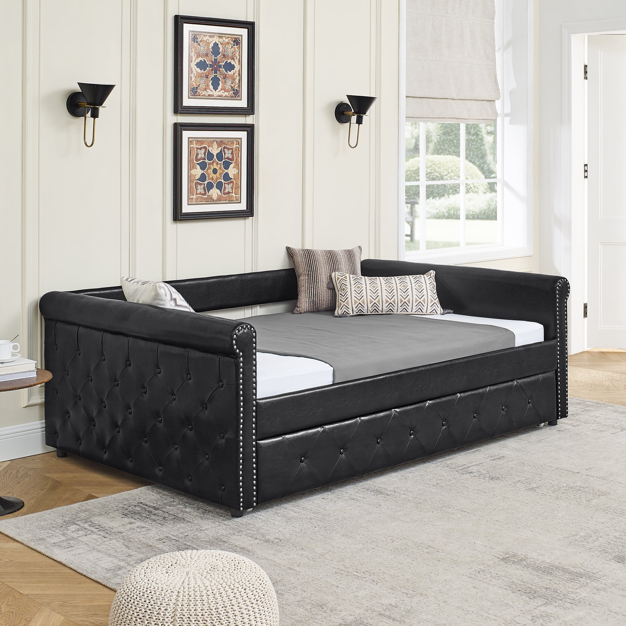 Contemporary Style Black Upholstered Daybed with Trundle, Tufted Sofa ...