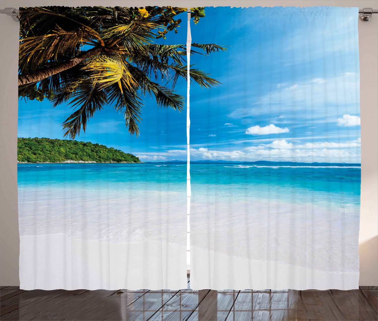 Tropical Curtains 2 Panels Set, Exotic Beach with White Sand and Palm ...