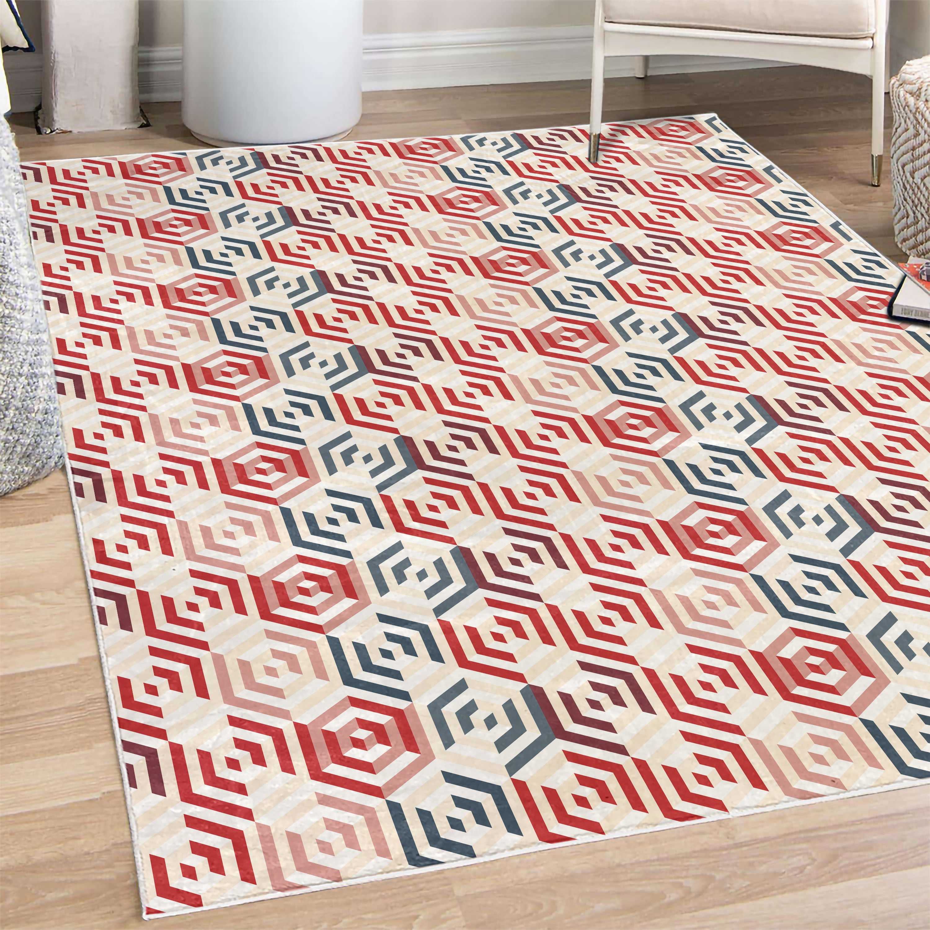 Geometric Decorative Rug Abstract Cubes Isometric Hexagonal Shaped Pattern Colorful Retro