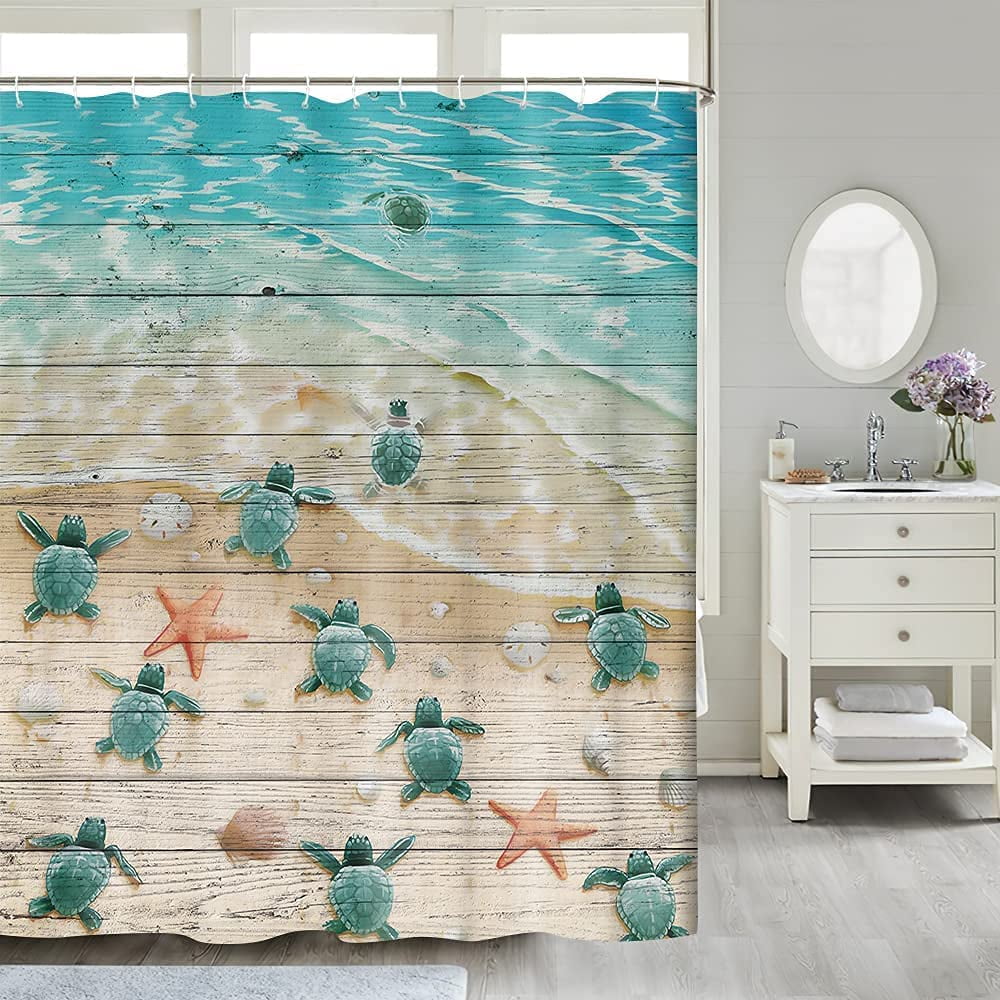Sea Turtle Shower Curtain Kids, Turtles and Starfish at Ocean Sandy ...