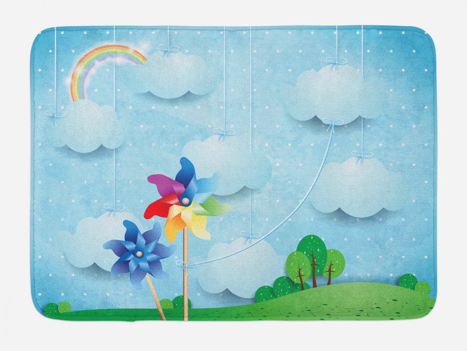 Pinwheel Bath Mat, Surreal View with Hanging Cloud Sky Rainbow Idyllic ...