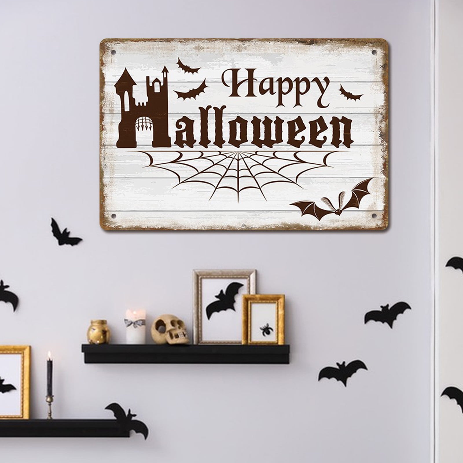 AURIGATE Happy Halloween Metal Sign with Broom Pumpkin Festive ...