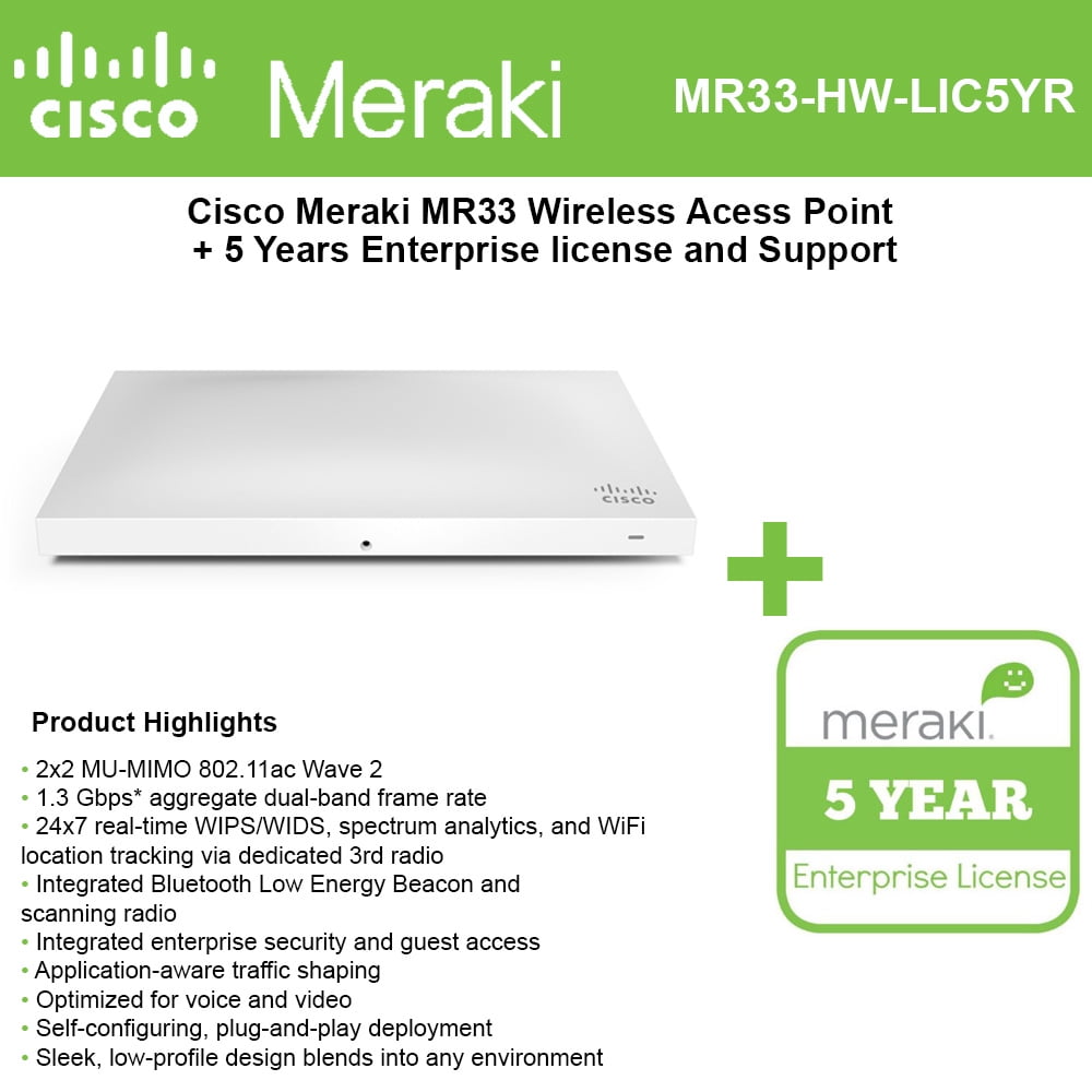 Cisco Meraki MR33 Cloud Managed Wless AP + 5 years of Enterprise Lic ...