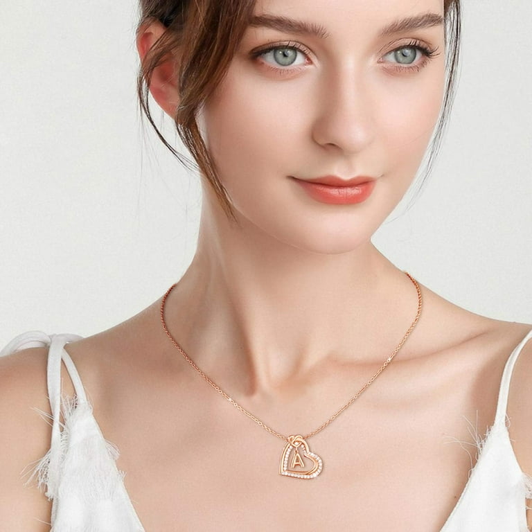 APSVO 14K Rose Gold Love Heart Initial Necklaces for Women CZ Hypoallergenic Heart Pendant Necklace for Girlfriend Mom Wife Daughter Bubble Letter A