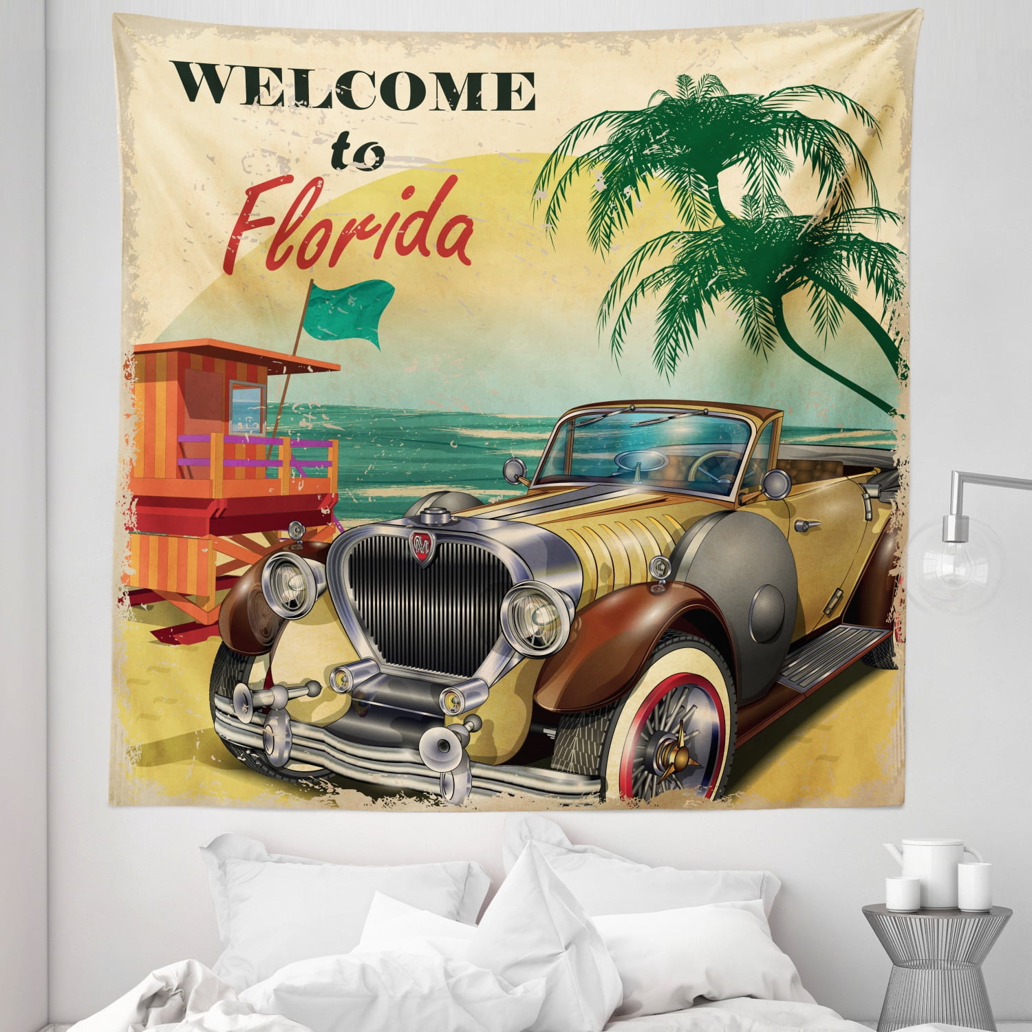 Florida Tapestry, Old Beach Picture with Vintage American Car a Visit ...