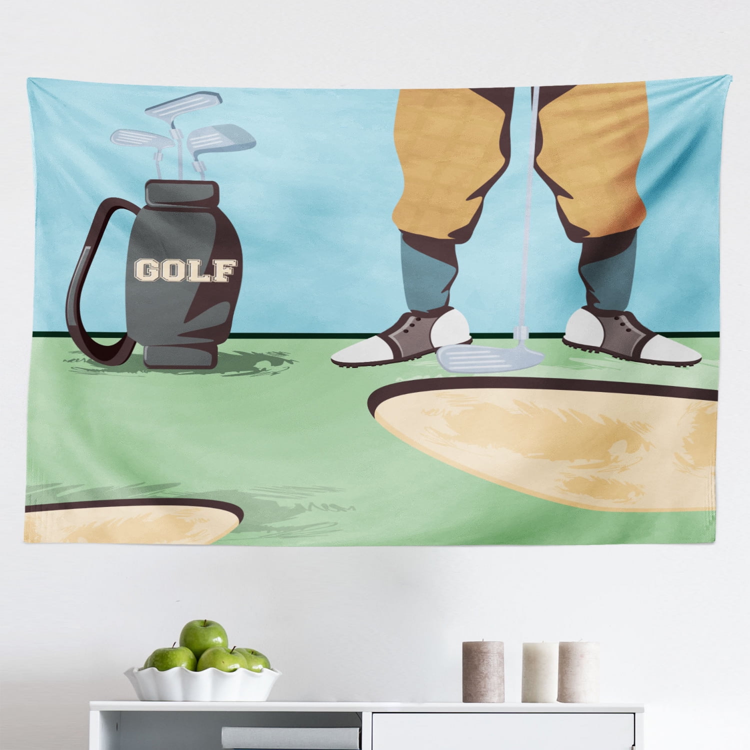 Golf Course Scene Tapestry, Cartoonish Graphic of Forest Hills and Flag ...