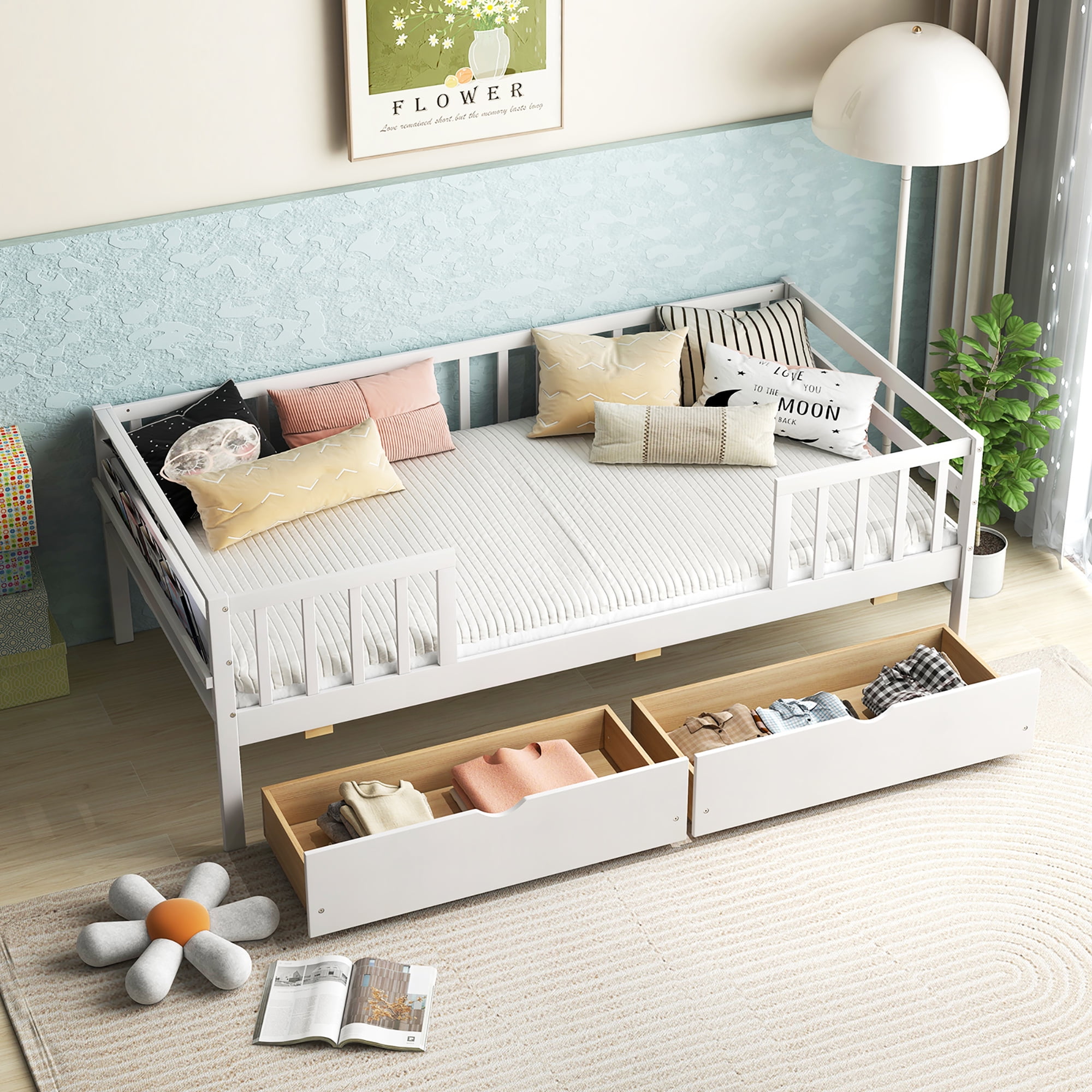 Gymax Twin Size Kids Bed w Storage 2 Pull out Drawers Side Shelf for Children Teens