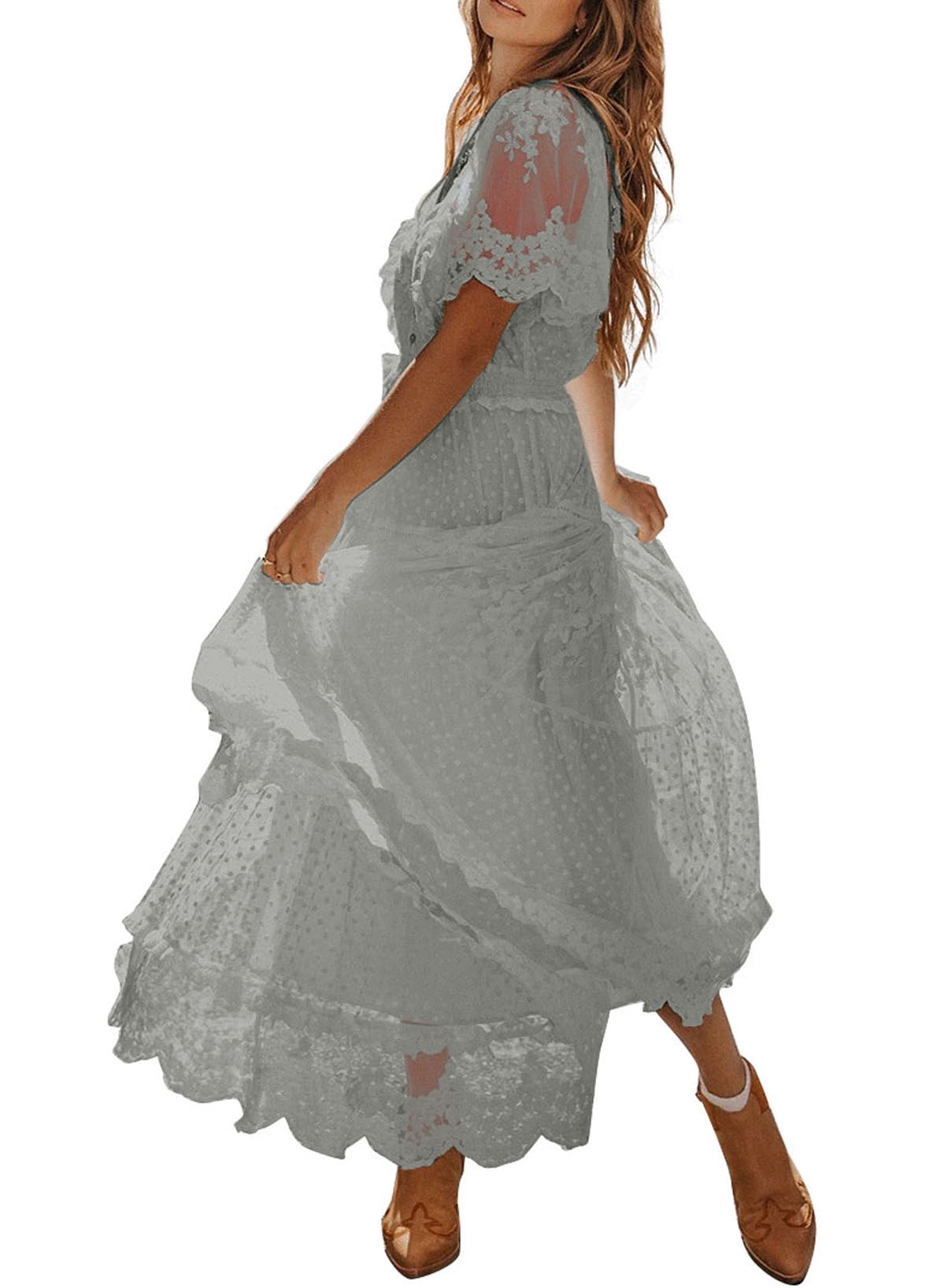 Dokotoo Womens Wedding Dress V Neck Short Sleeve Lace Dress Loose Maxi