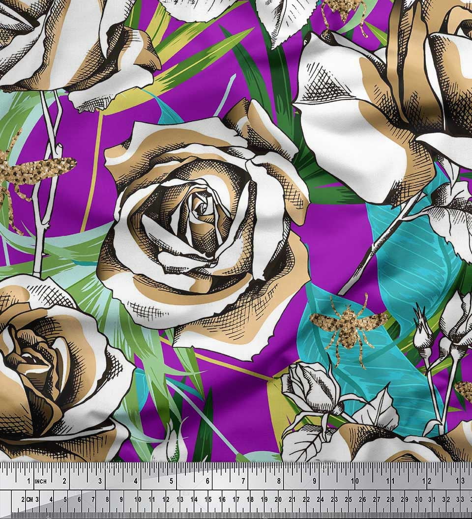 Soimoi Velvet Fabric Leaves,Bee & Rose Flower Print Fabric by the Yard ...