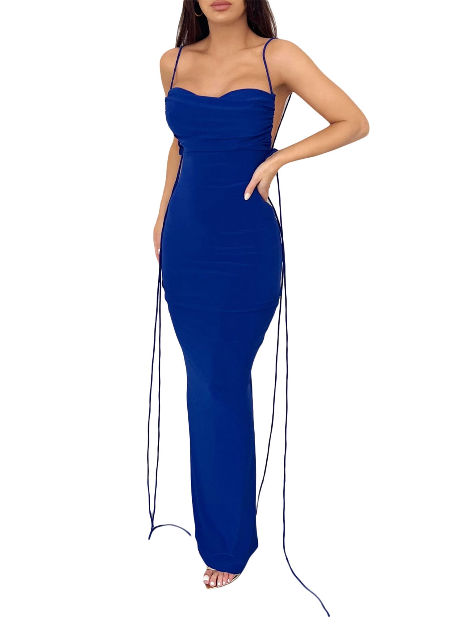 Women Sexy Backless Long Dress Solid Ruched Bodycon Spaghetti Strap Tie