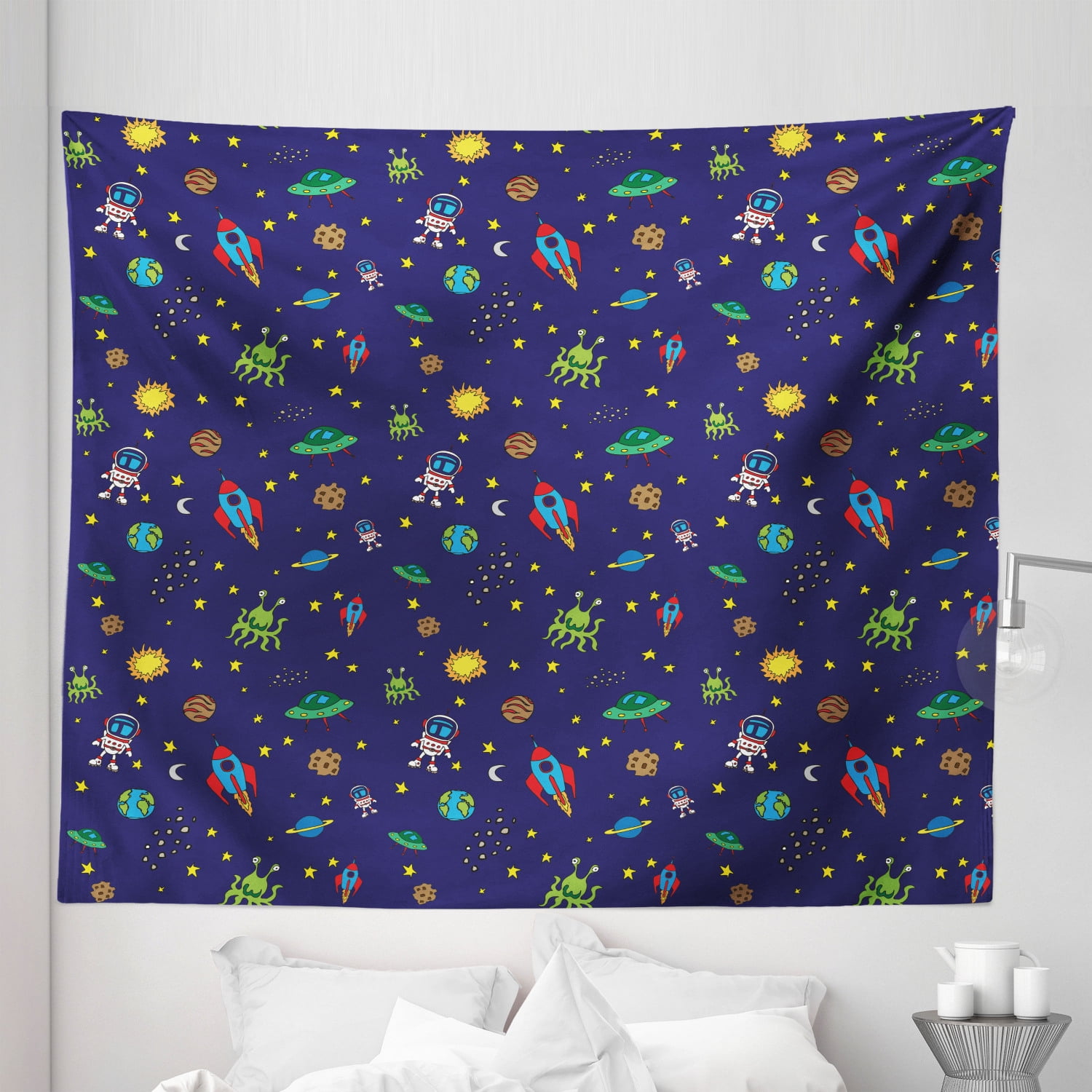 Space Tapestry, Doodle Style Cartoon Rocket Astronaut and UFO Alien ...