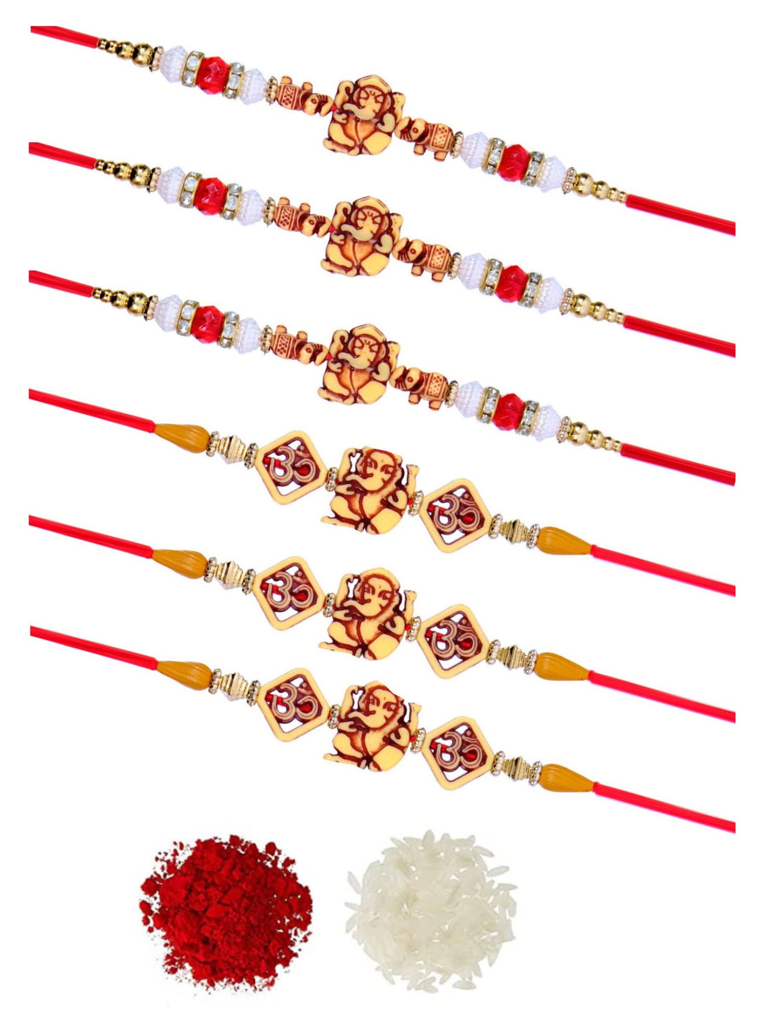 Crunchy Fashion Pack Of 6 Ganpati Wodden Rakhi with Roli Chawal Tilak ...