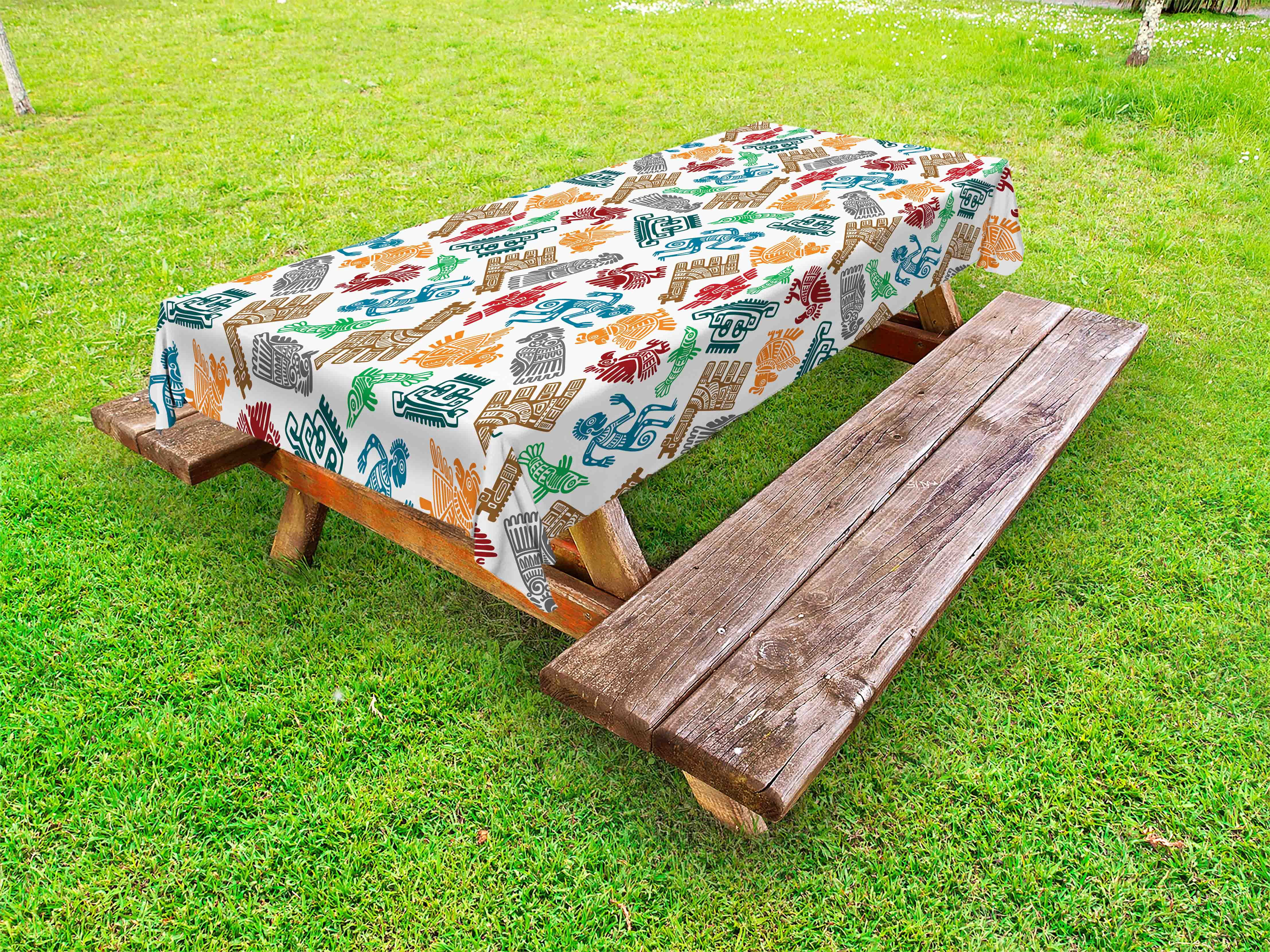 Tribal Outdoor Tablecloth, Mayan and Aztec Primitive Icons with Shaman ...