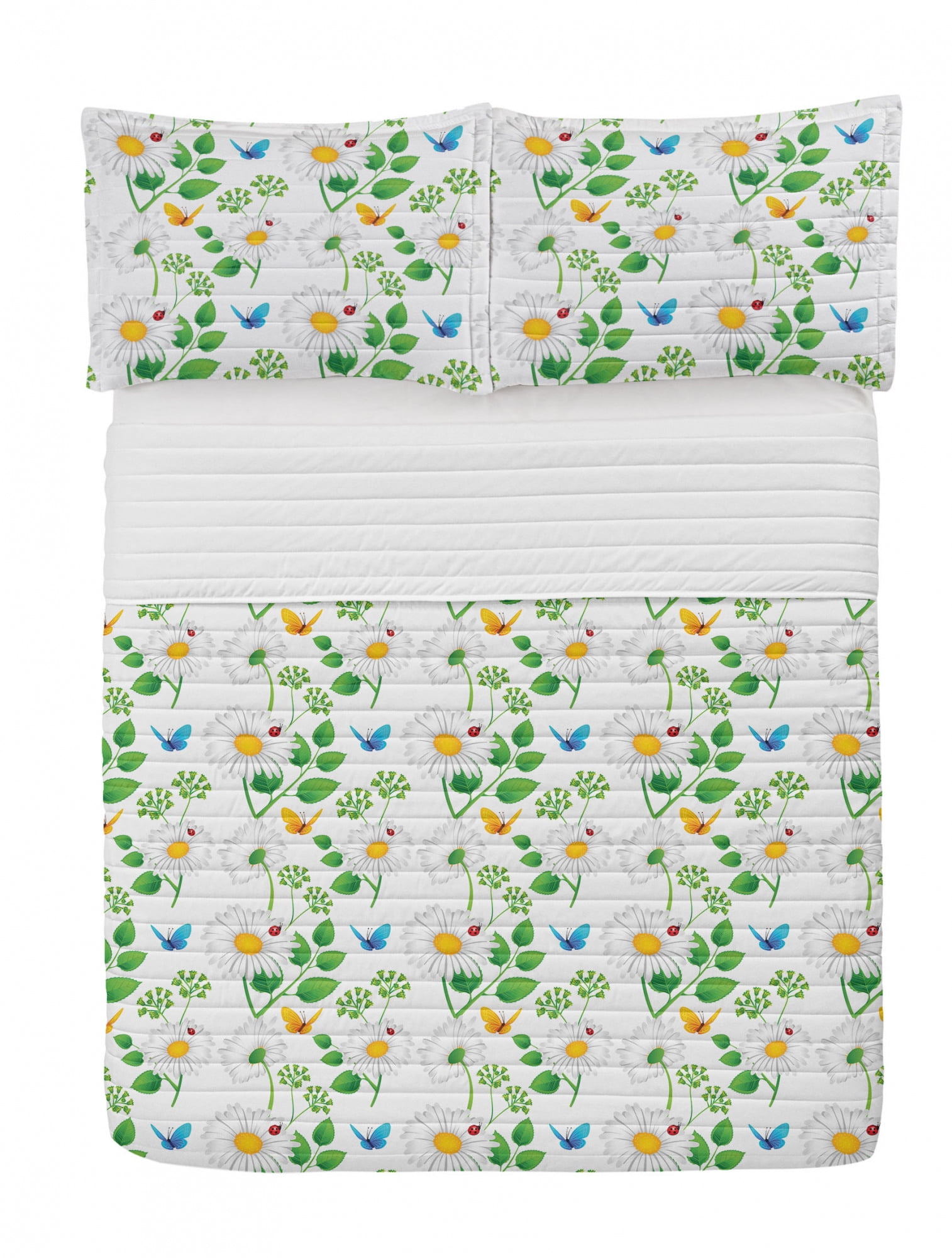 Ladybugs Microfiber Bedspread Set, Macro Chamomiles and Ladybugs Illustration Playful Magic ...