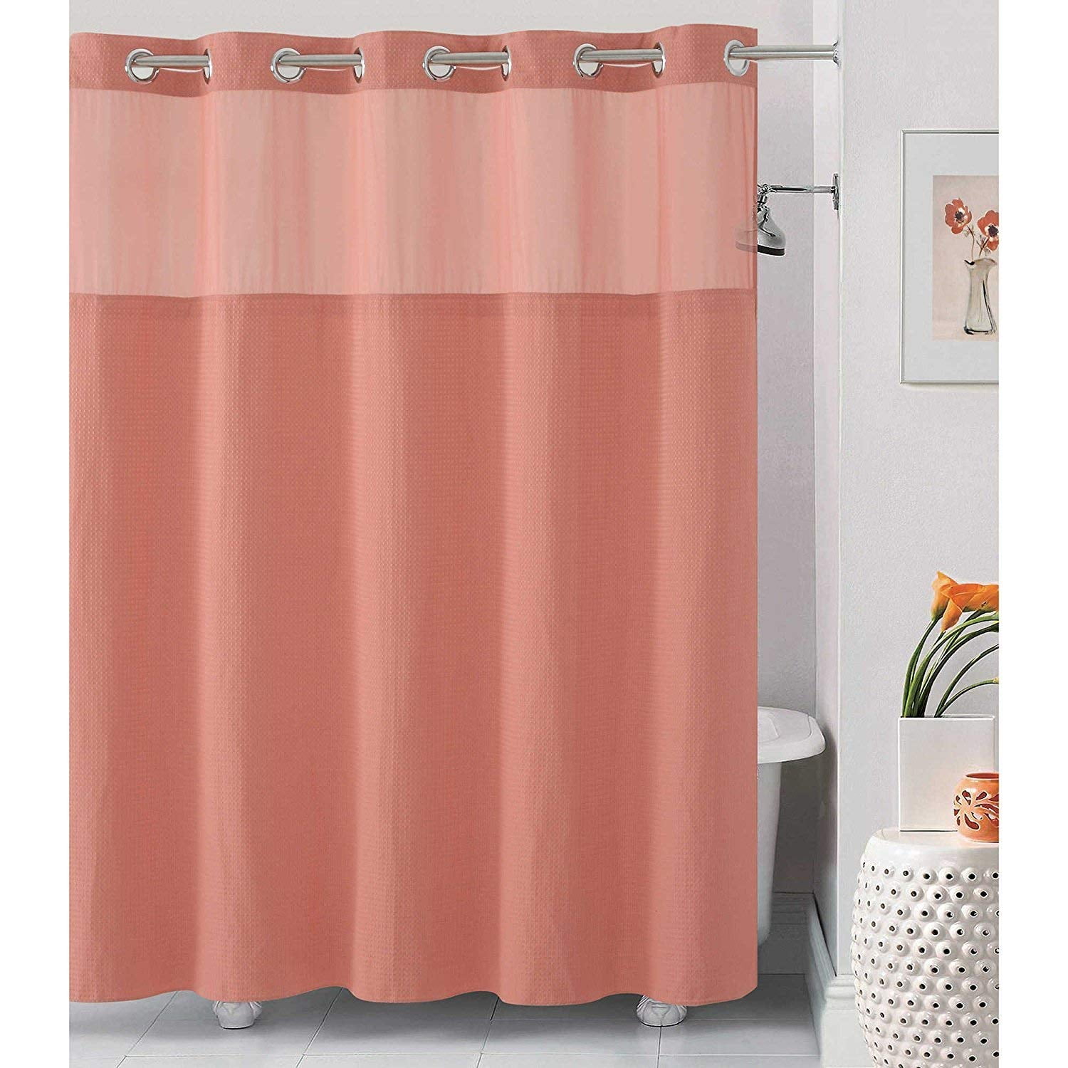 Hookless Hangis In Seconds Waffle Fabric Shower Curtain 71 X 74 Coral hookless-hangis-in-seconds-waffle-fabric-shower-curtain-71-x-74-coral
