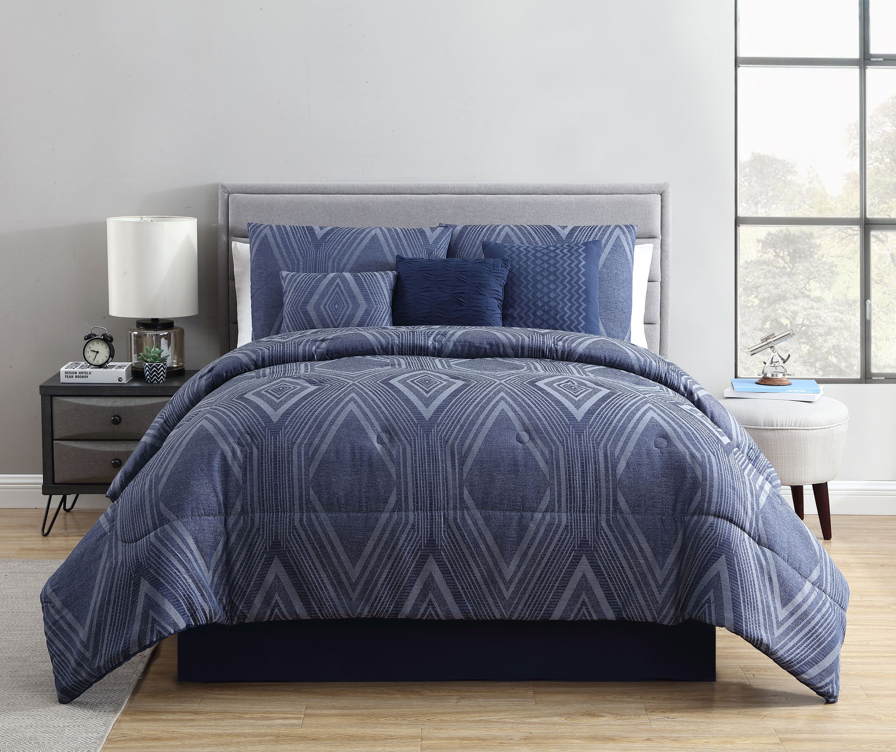 Mainstays 7 Piece Jason Diamond Woven Jacquard Navy Comforter Set, Full ...