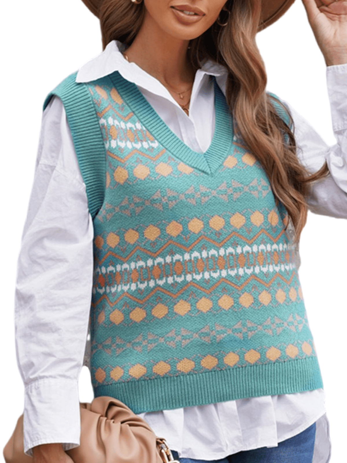 SIEANE Women’s V-Neck Sweater Vest Sleeveless Print Knit Pullover Tops ...