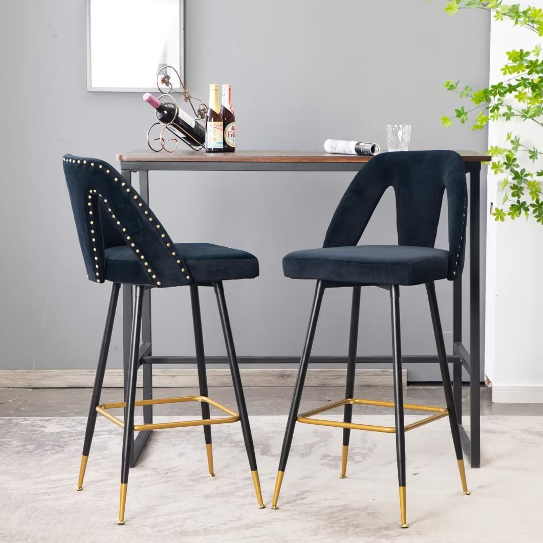 Bar Chairs Set of 2, Contemporary Velvet Upholstered Bar Stools ...