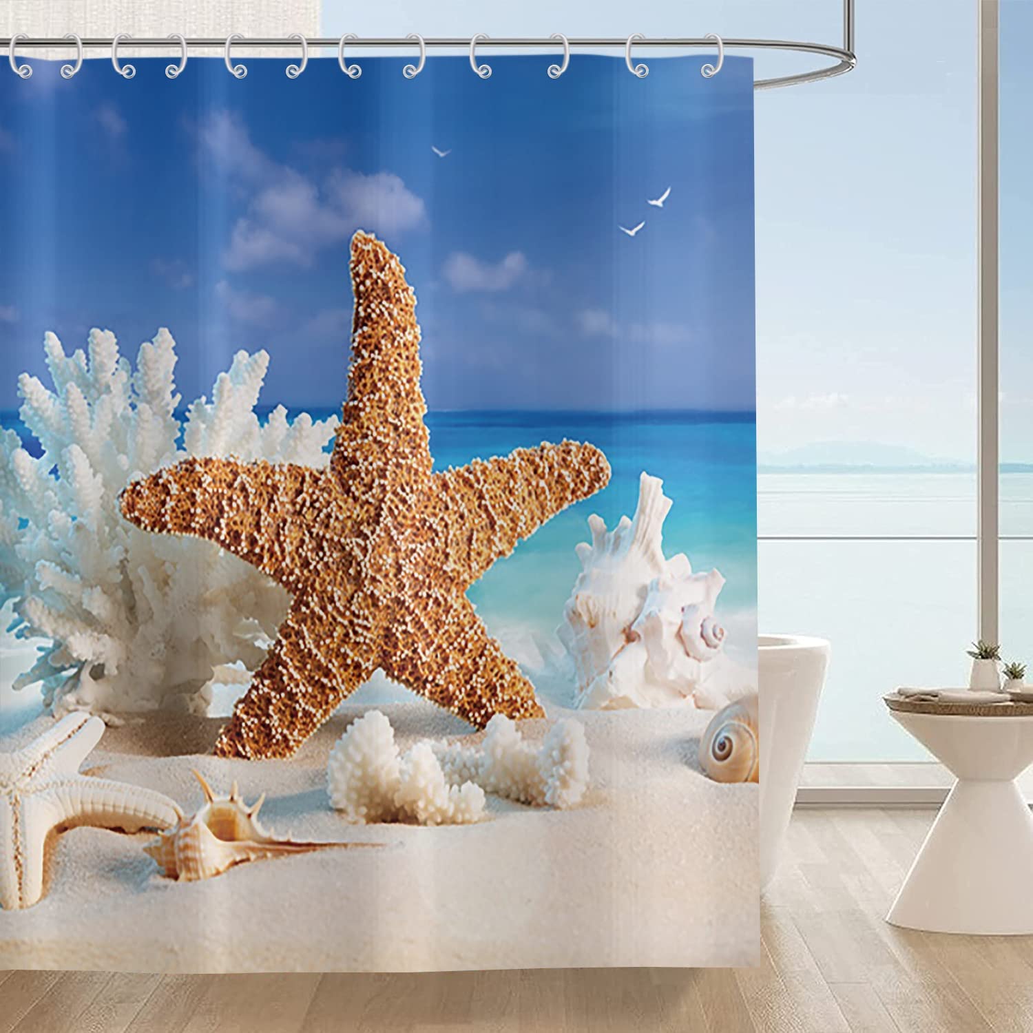 Beach Starfish Shower Curtain, Summer Ocean Theme Starfish White Coral ...