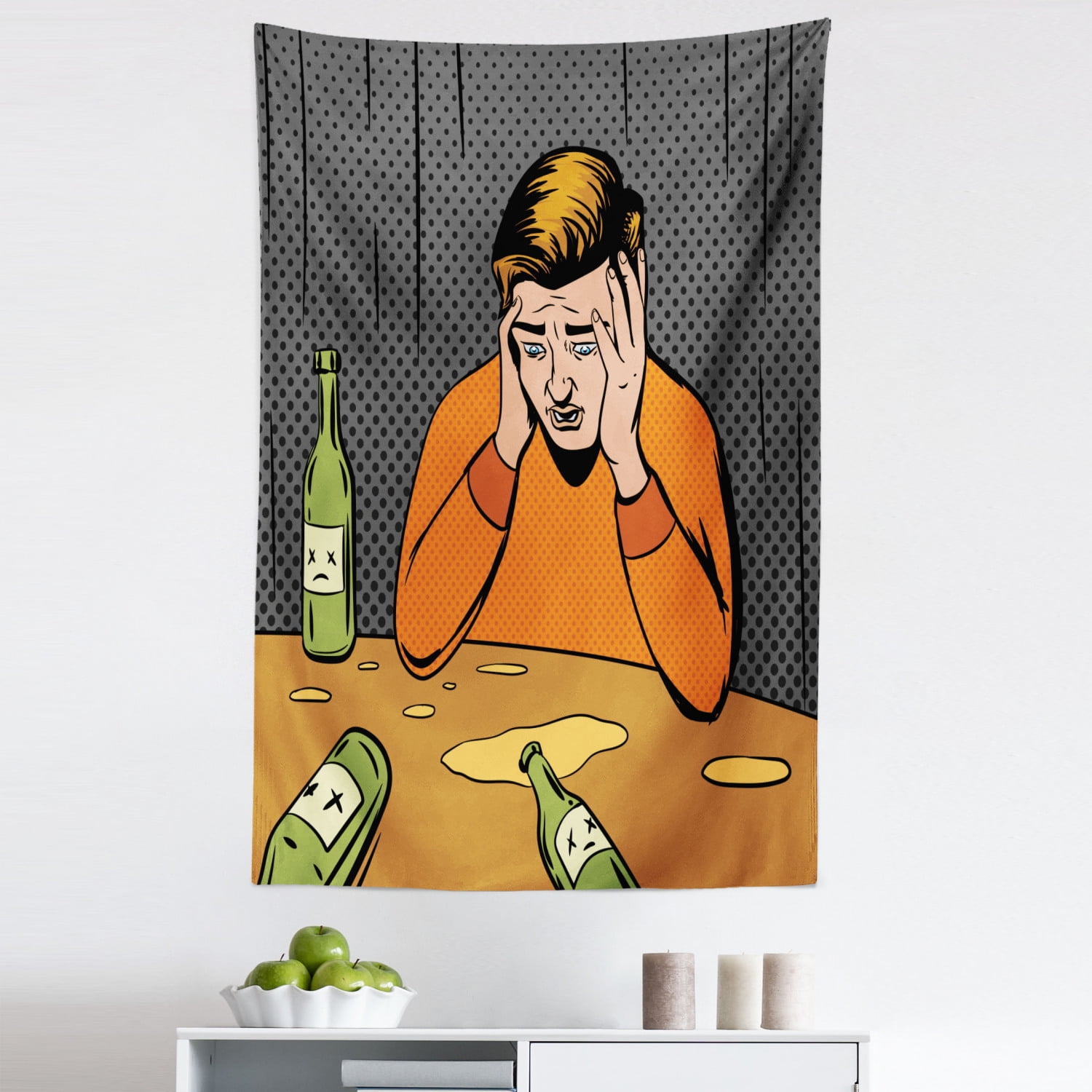 Comic Tapestry, Alcohol Themed Illustration with Drunk Man and Empty ...