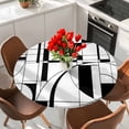 Black Color Block Abstract Geometric Round Fitted Tablecloth with ...