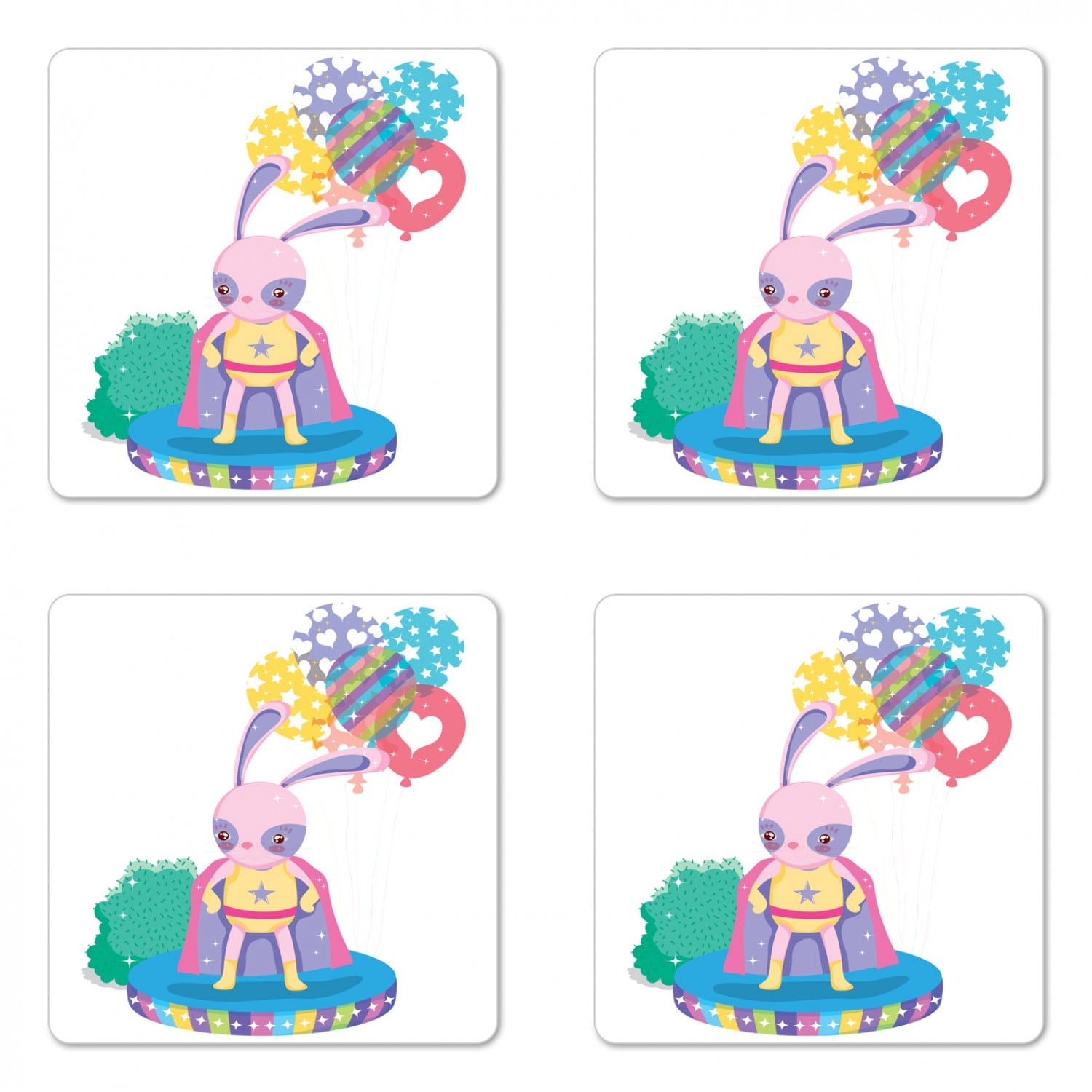 Cartoon Coaster Set of 4, Nursery Themed Image of Funny Rabbit in Hero ...