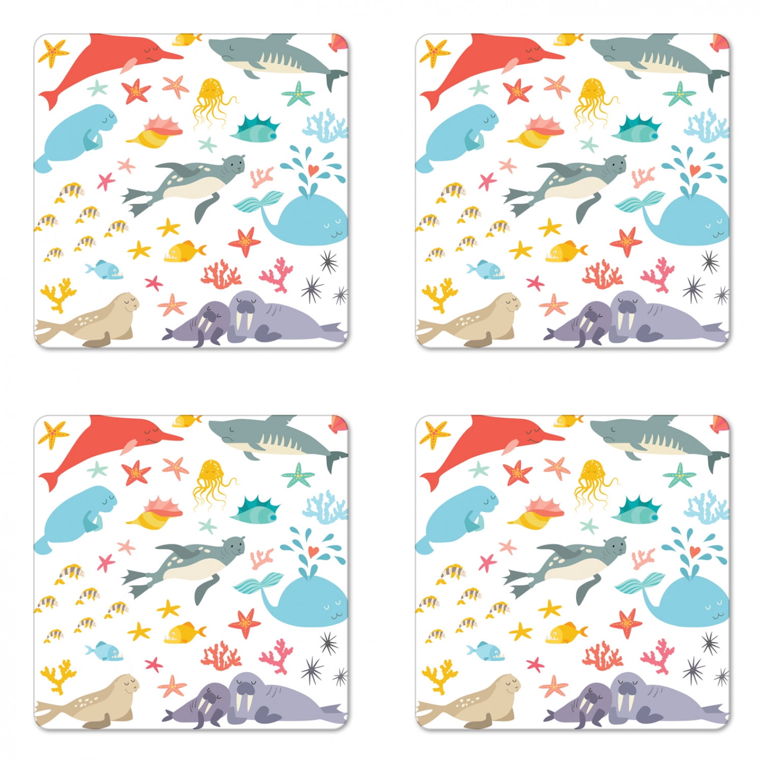Ocean Coaster Set of 4, Whale Squid Sea Lion Shark Jellyfish Clownfish ...