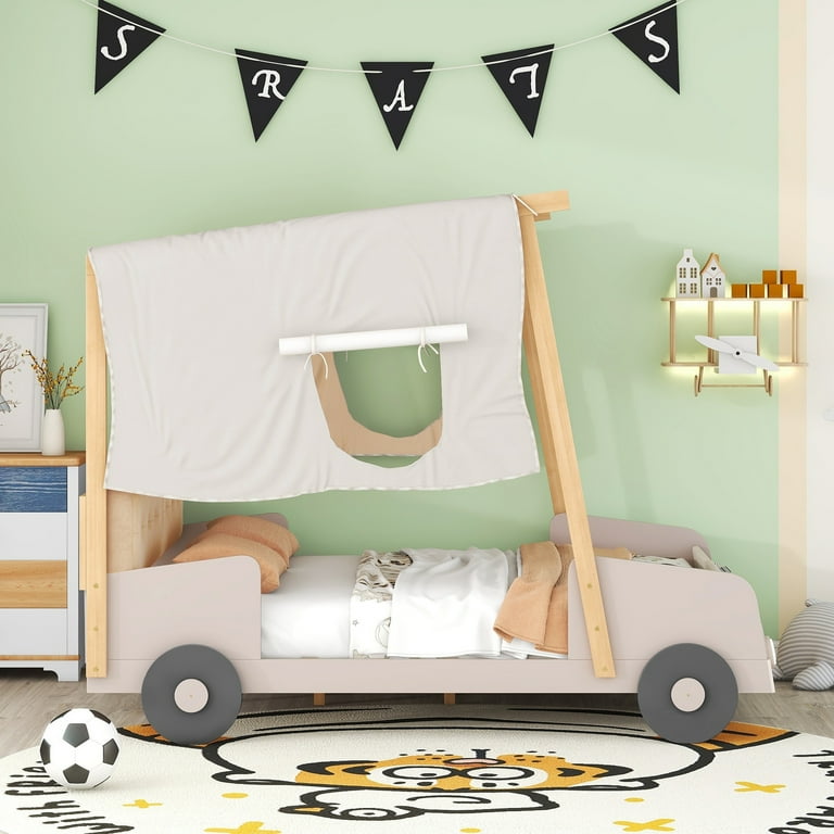 Euroco Wood Full Size Canopy Bed Car Bed with Pillow and Ceiling Cloth Design Platform Bed with LED Light for Kids Natural