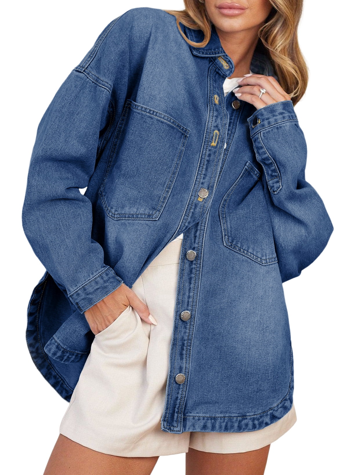HOTAPEI Denim Jackets for Women Oversized Jean Jacket Curved Side Slit ...