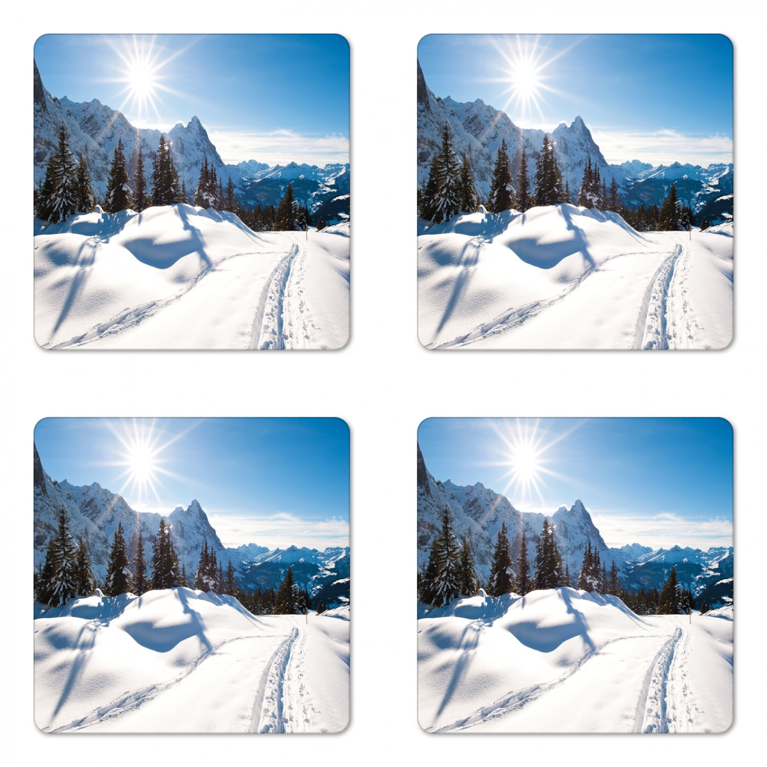 Winter Coaster Set of 4, Panoramic Winter Scenery on Snow Covered ...
