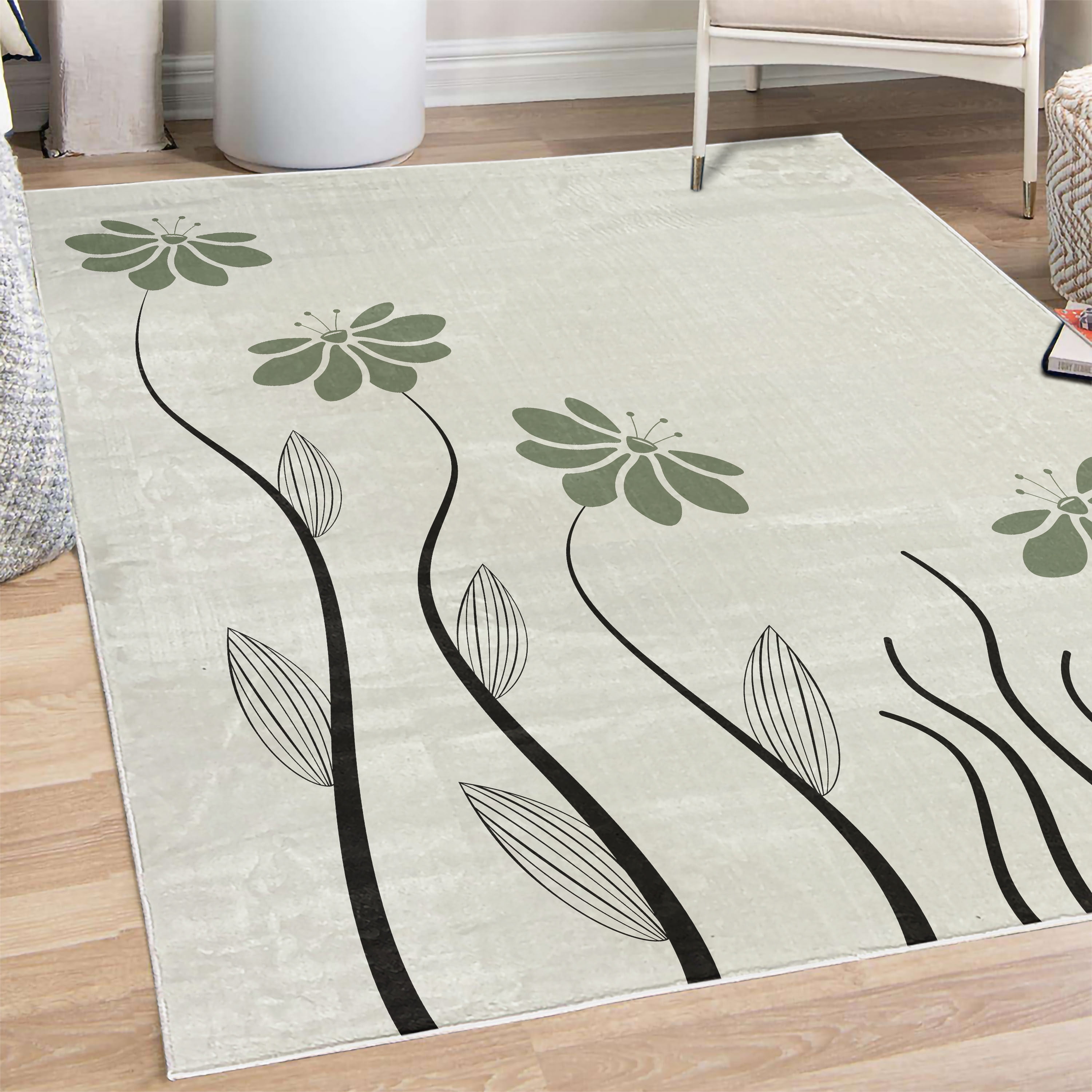 Flower Decorative Rug, Floral Petals with Striped Leaves and Lines ...