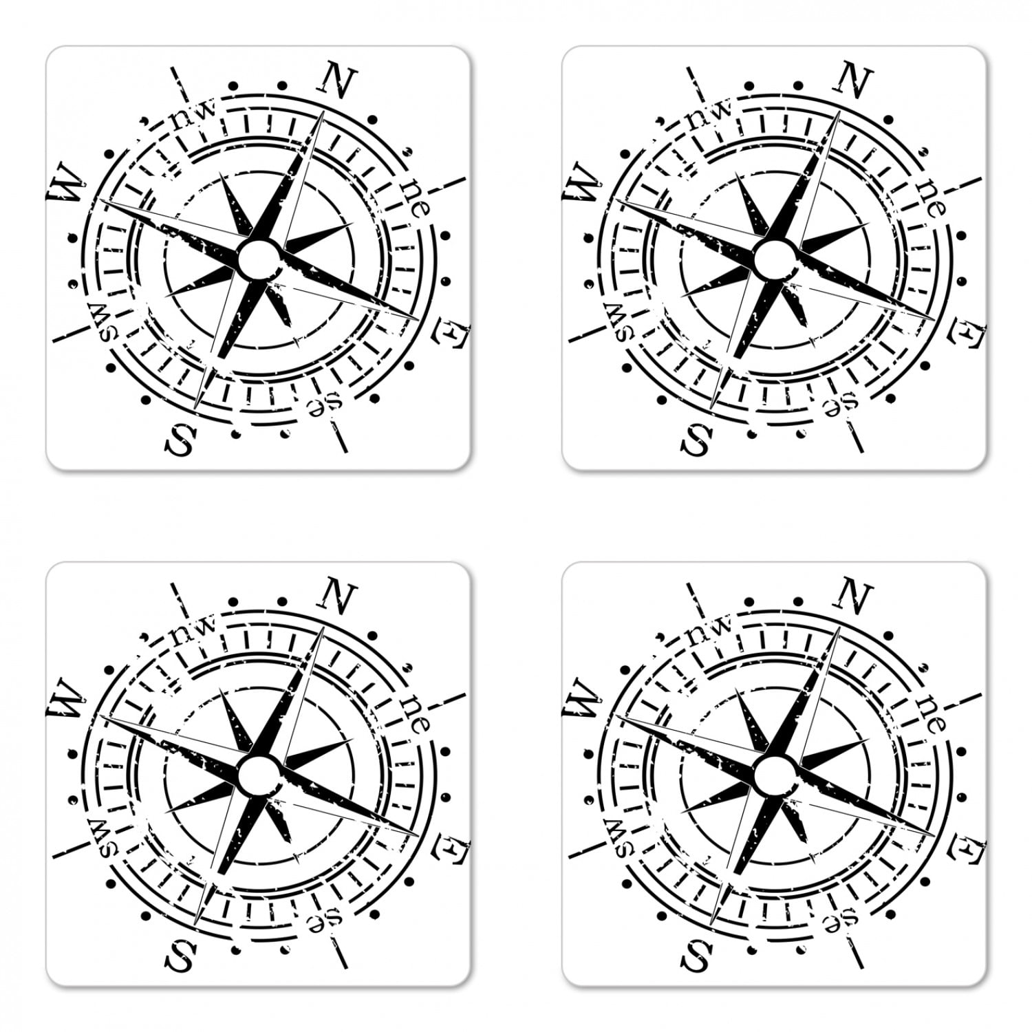 Compass Coaster Set of 4, Monochrome Windrose with Simplistic Design ...