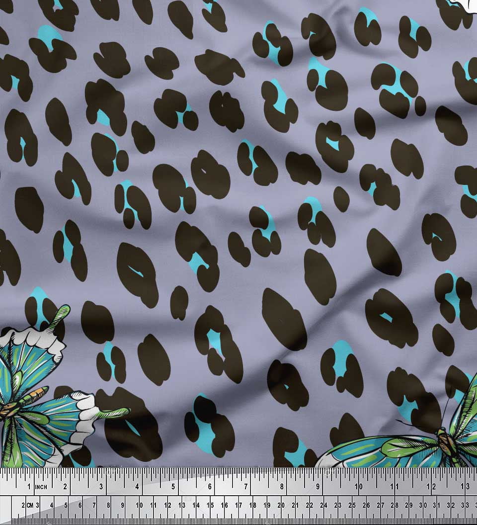 Soimoi Gray Rayon Fabric Artistic Insect & Leopard Animal Skin Fabric ...