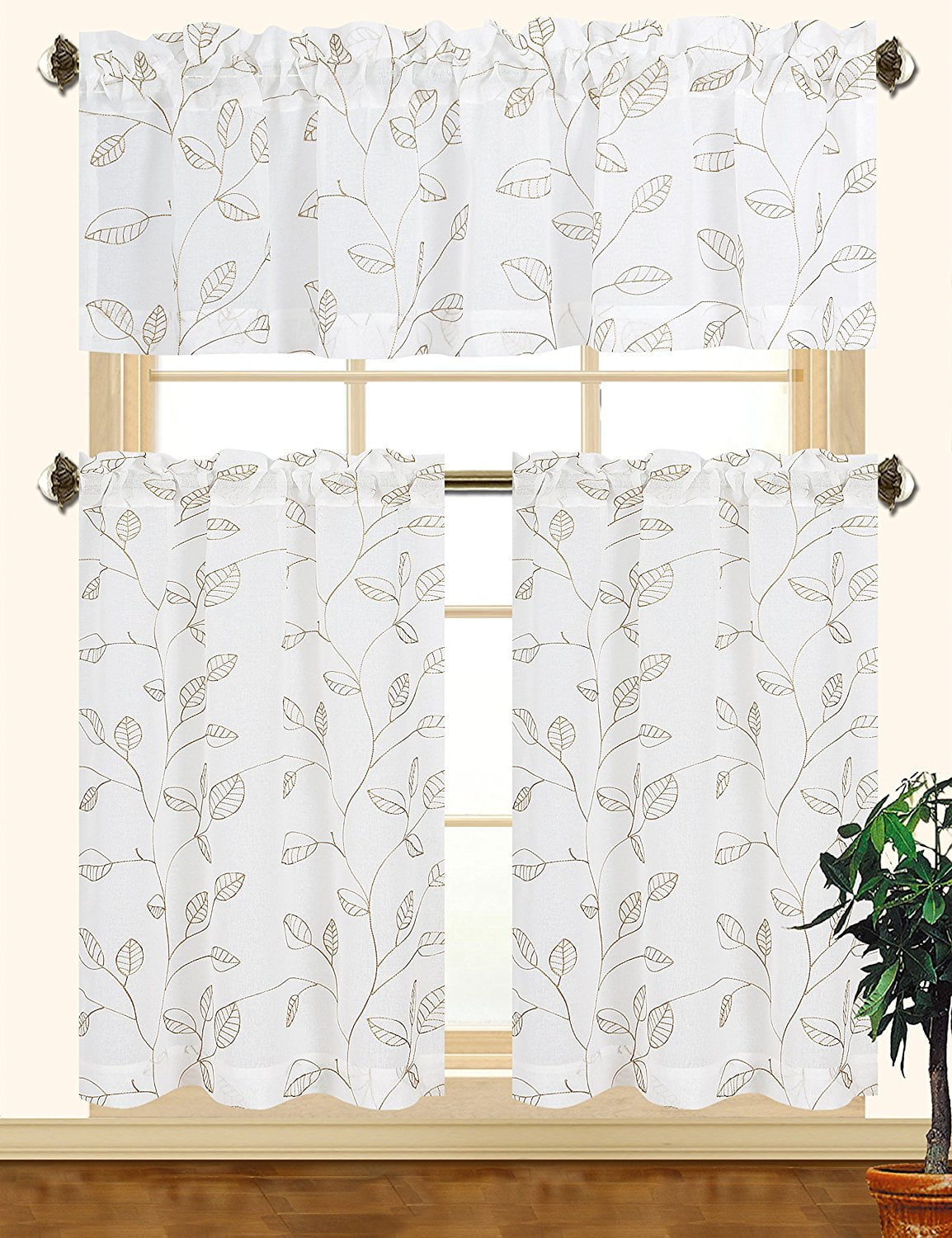 Kashi Home Fiona 3pc Leaves Embroidered Decorative Kitchen Curtain Set ...