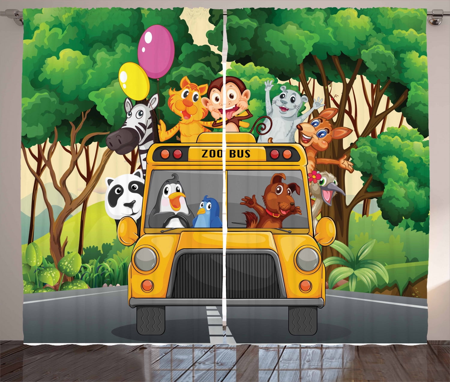 Zoo Curtains 2 Panels Set, Animals with Balloons Riding on a Zoo Bus ...
