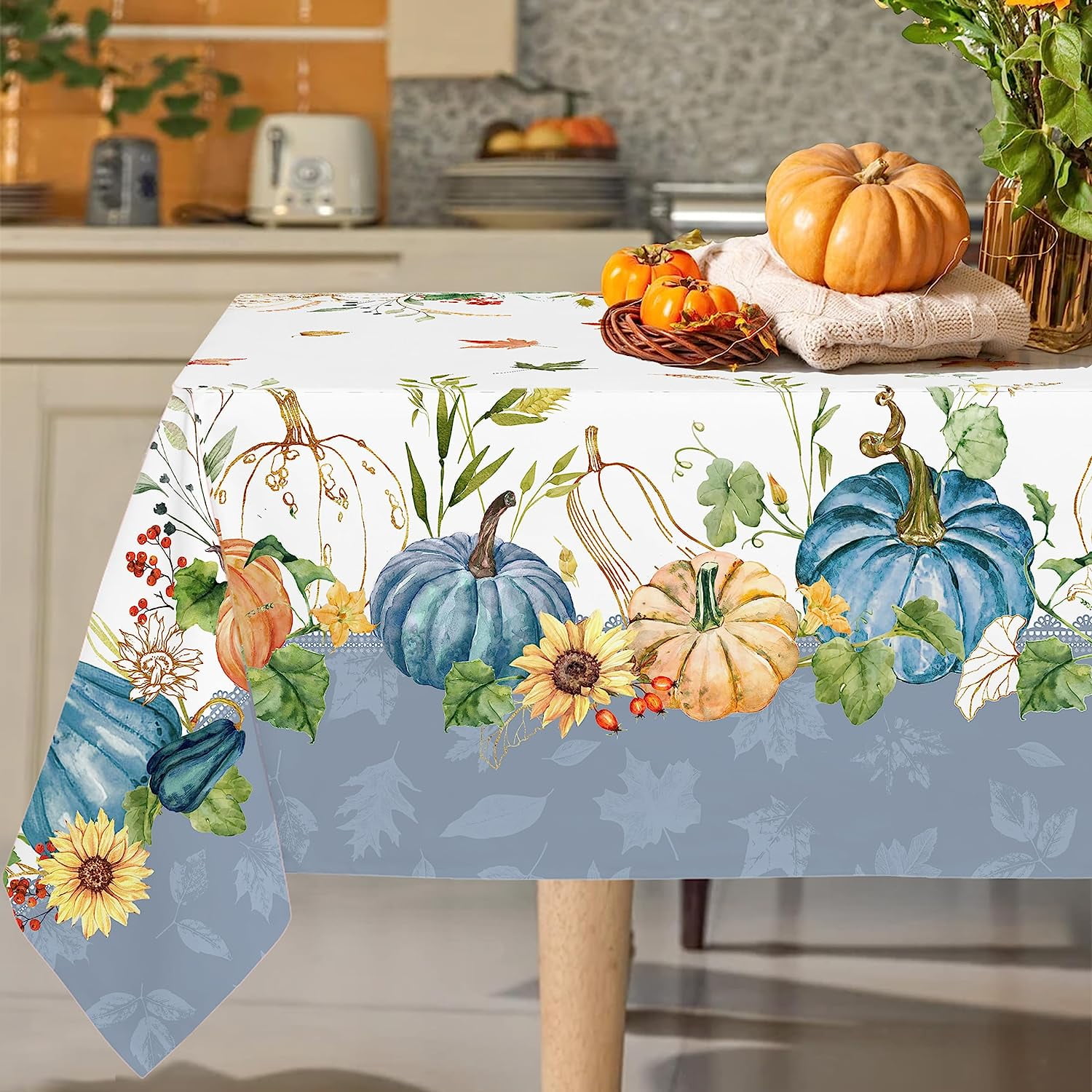 Rectangle Fall Tablecloth,Thanksgiving Autumn Harvest Blue Pumpkin ...